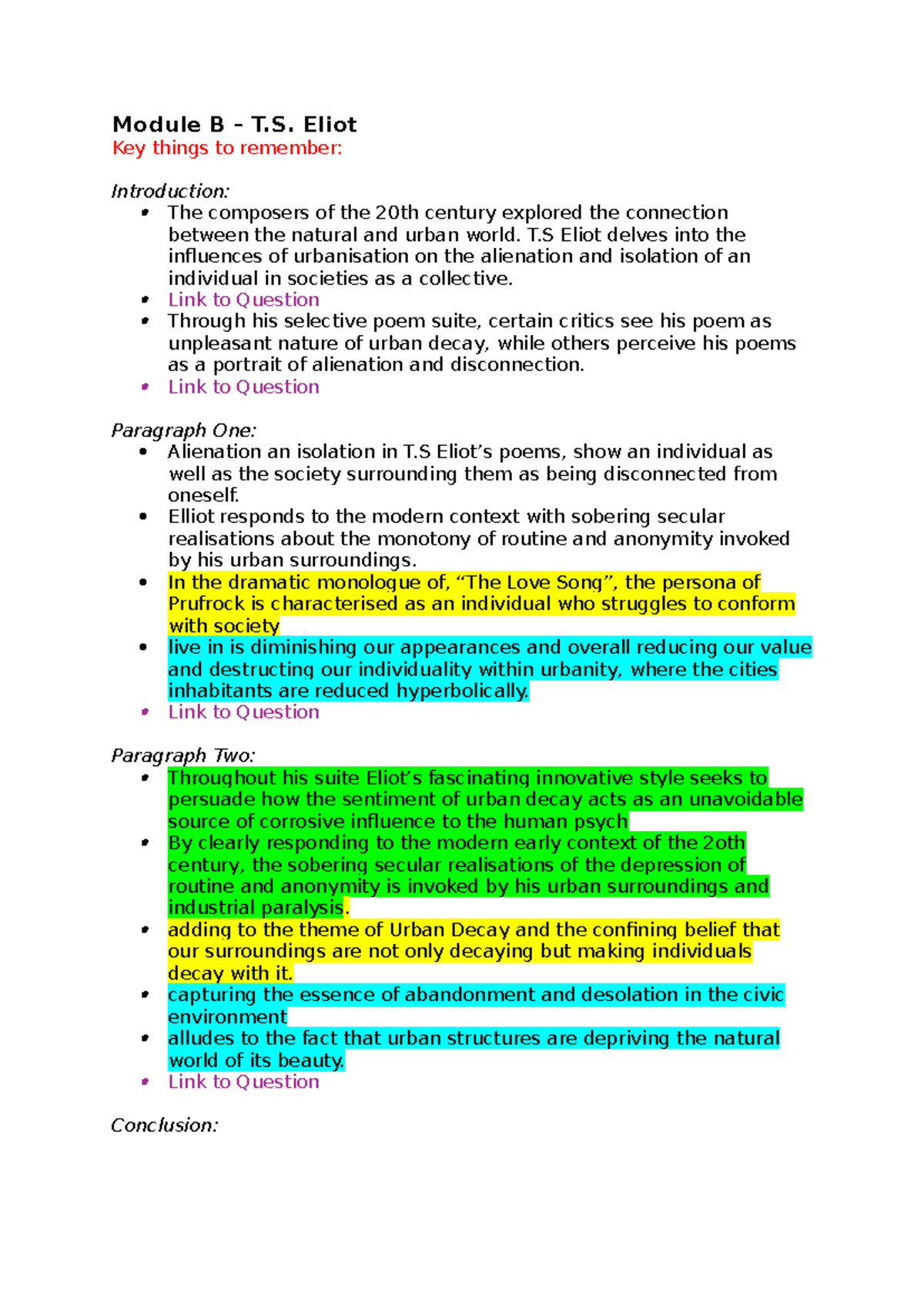 Module B (T.S. Eliot) Key things - Module B – T. Eliot Key things to ...