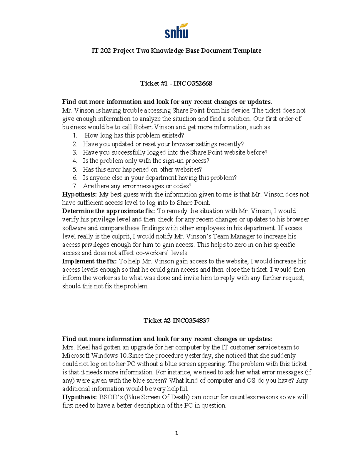 IT 202 Project Two Knowledge Base Document Template final - Mr. Vinson ...