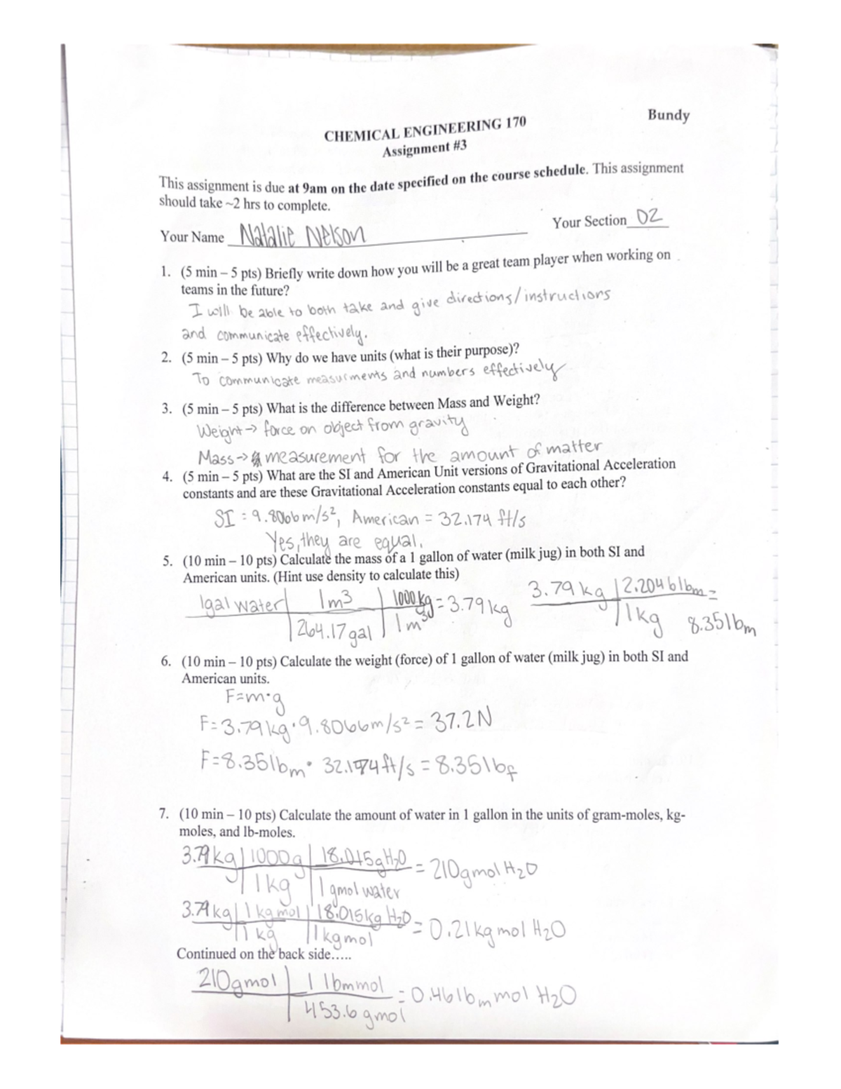HW 3 - HW written - CHEMICAL ENGINEERING 170 Bundy Assignment This ...