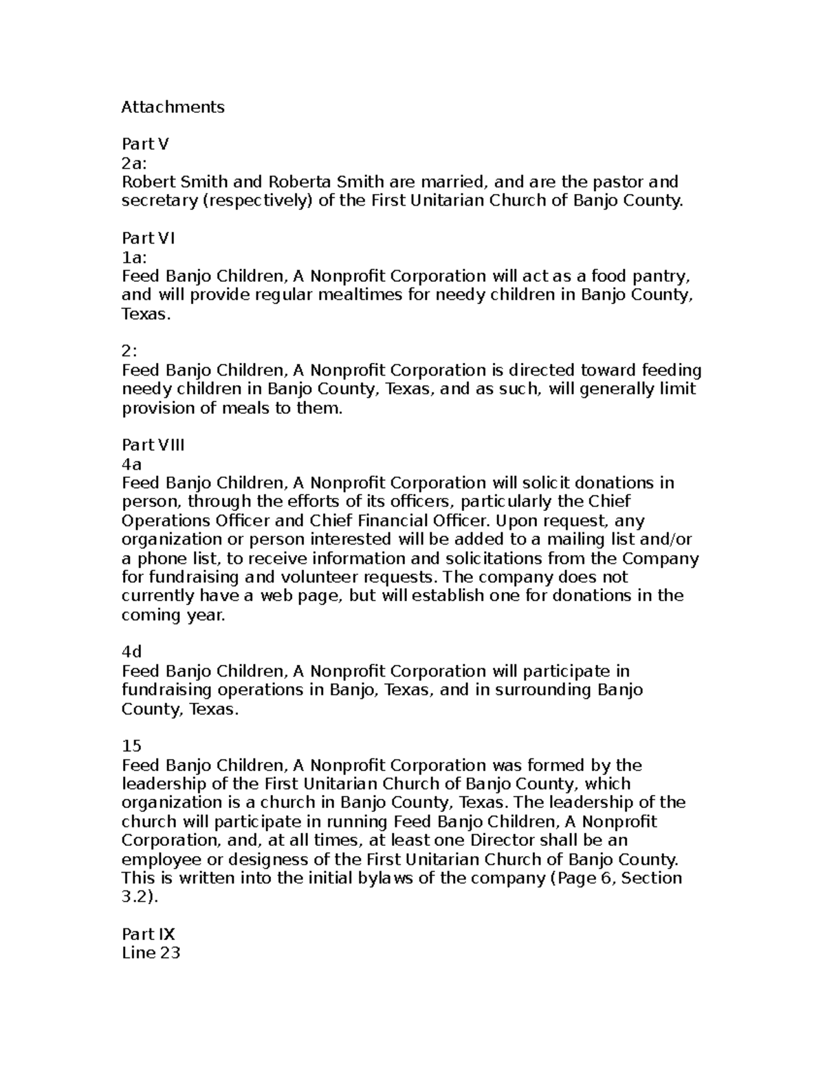 Form 1023 Narratives - outline - Attachments Part V 2a: Robert Smith ...