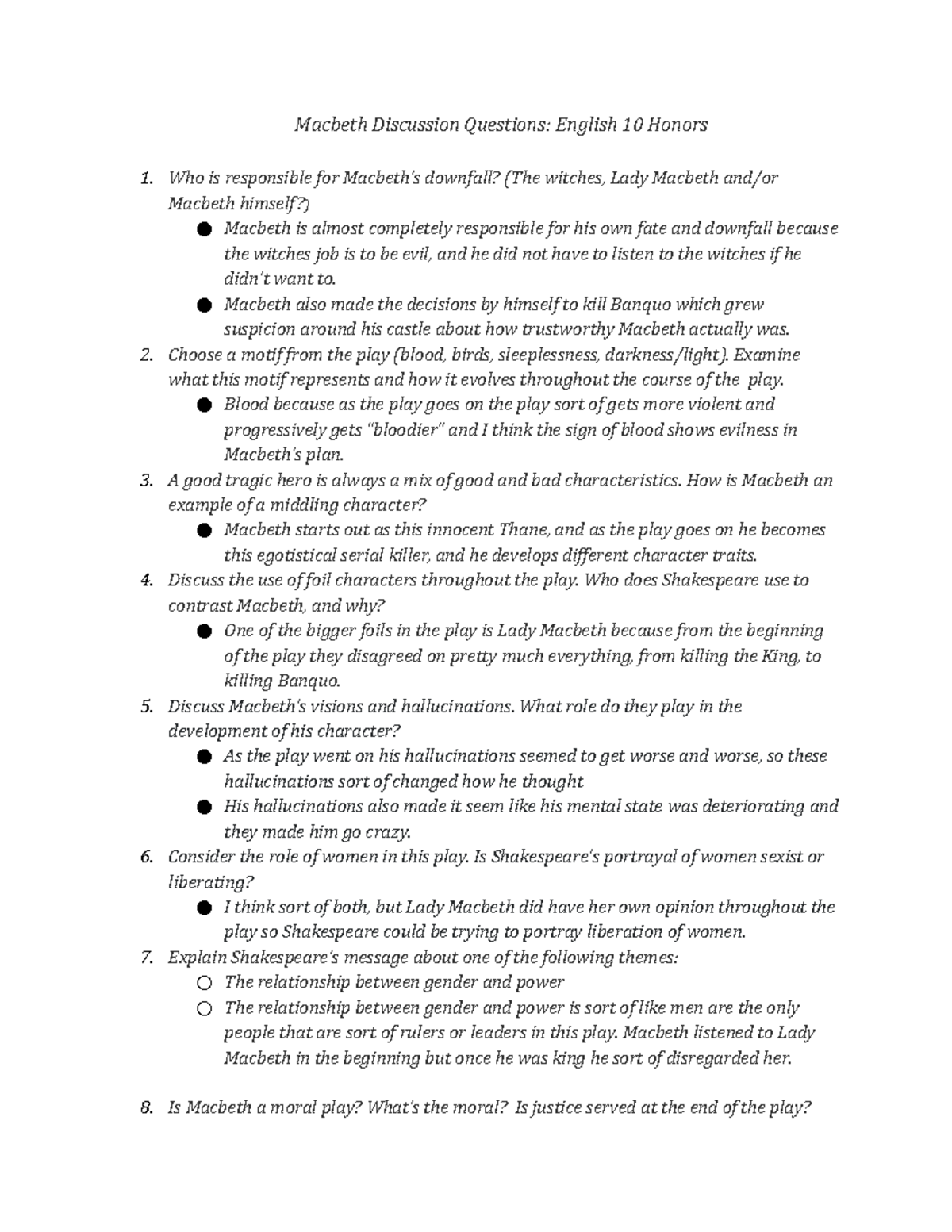 Cameron O'Malley - CP Macbeth Discussion Questions - Macbeth Discussion ...