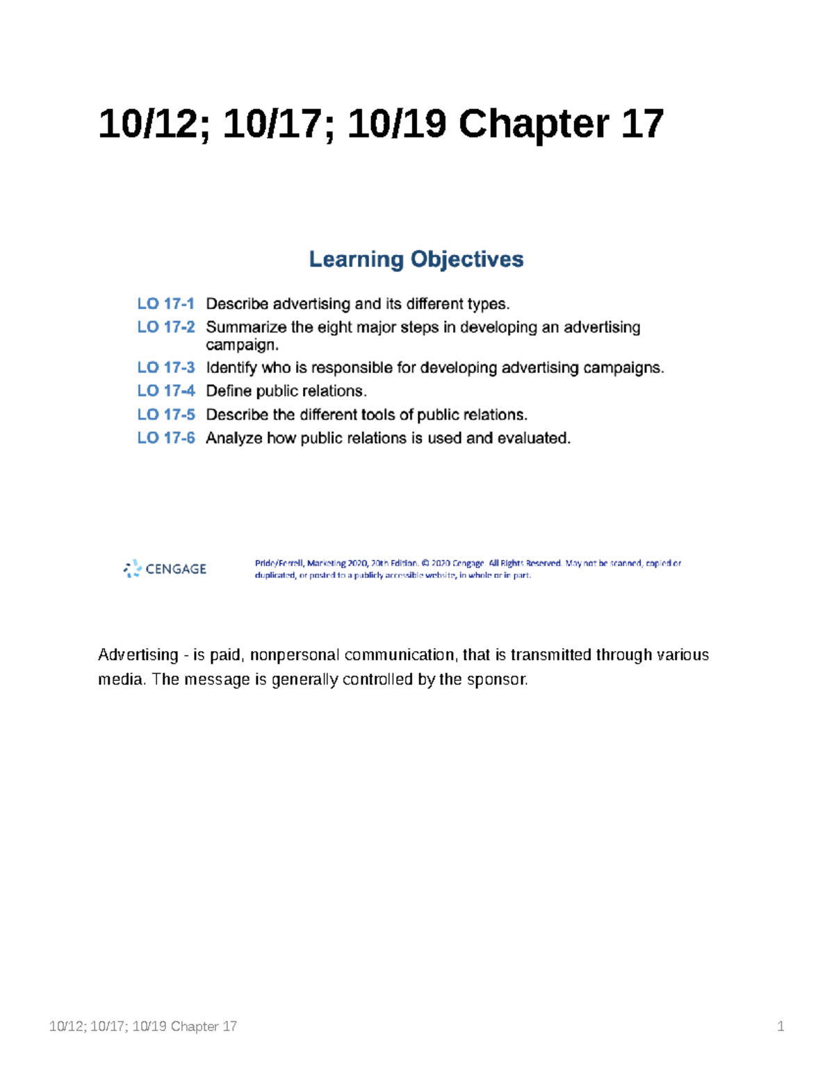 1012 1017 1019 Chapter 17 - 10/12; 10/17; 10/19 Chapter 17 Advertising - is paid, nonpersonal ...