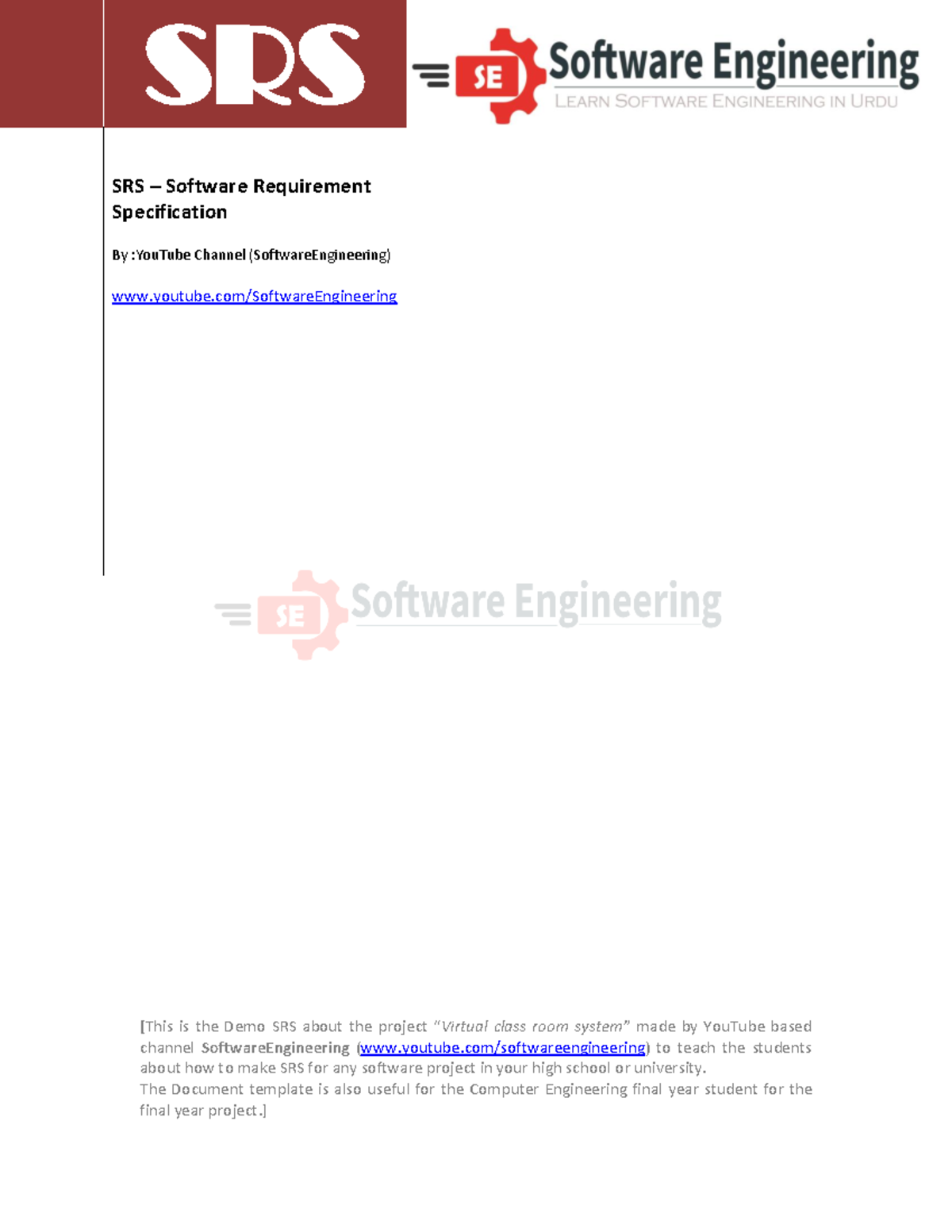 SRS - this is srs - SRS SRS Software Requirement Specification :YouTube Channel - Studocu