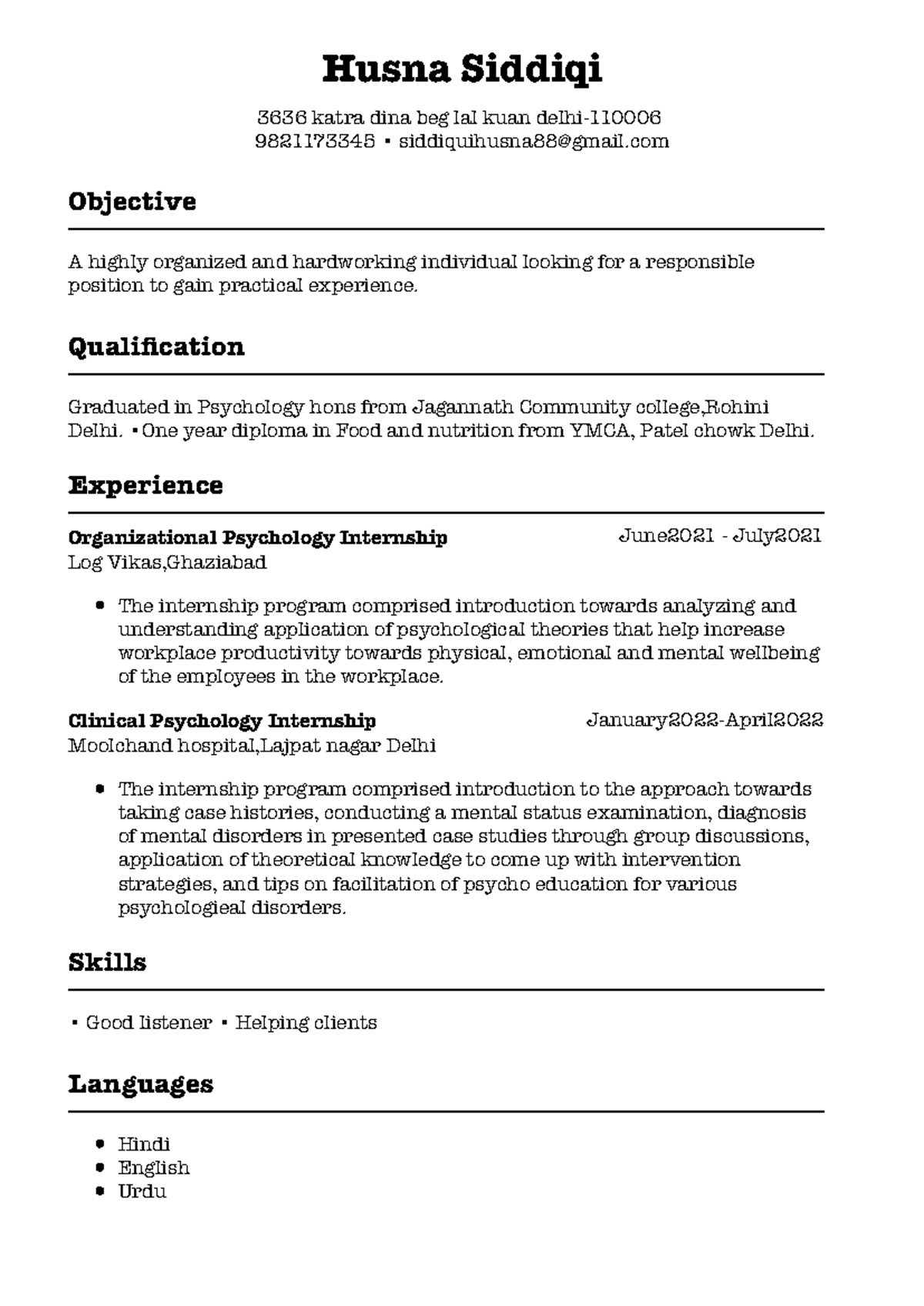 Resume Husna Siddiqi - June2021 - July January2022-April Husna Siddiqi ...