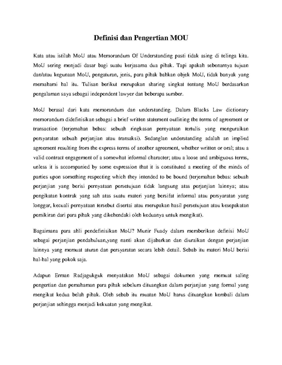 Modul 1 Hukum Bisnis - Definisi dan Pengertian MOU Kata atau istilah ...