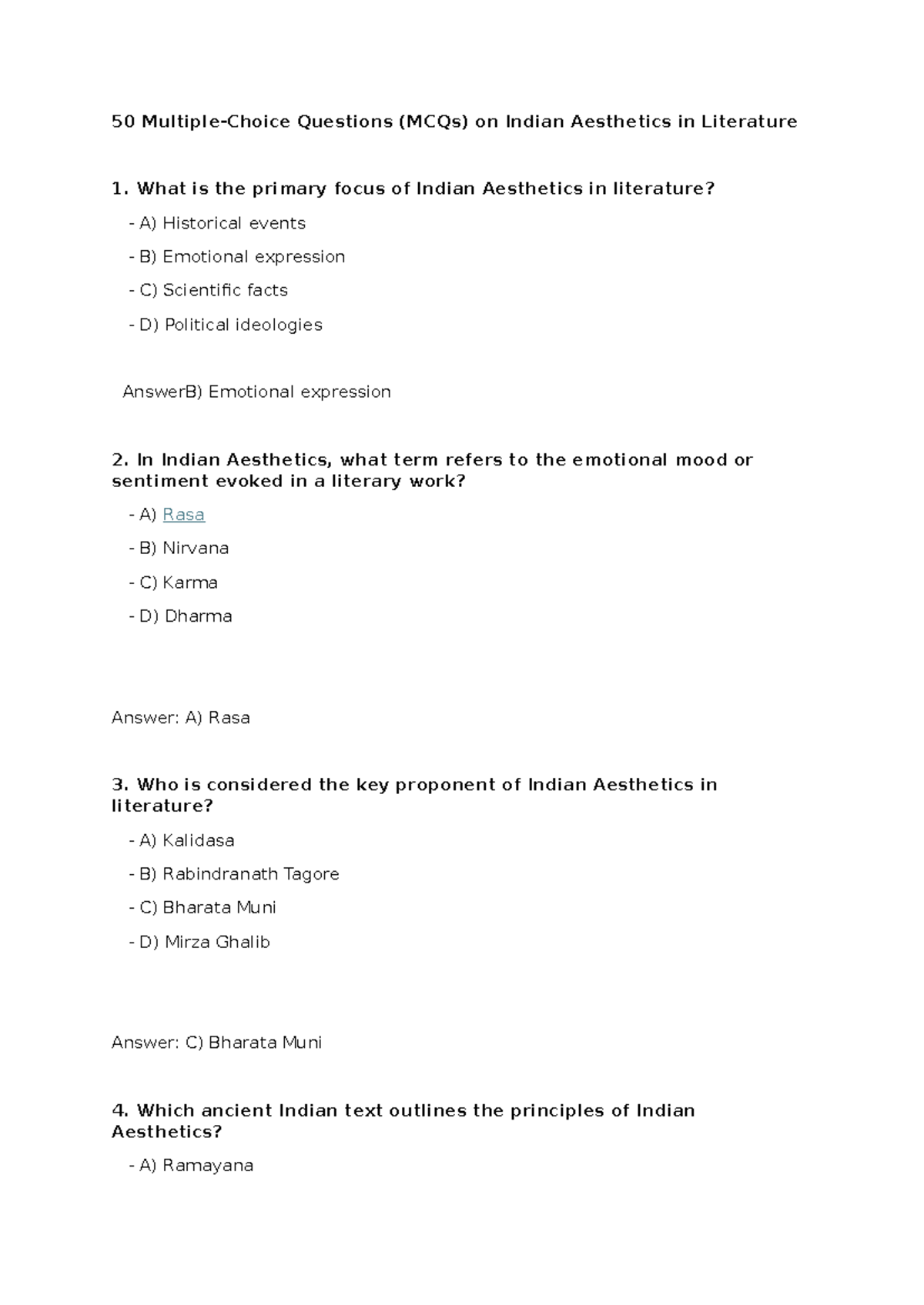 Aesthetic literature - 50 Multiple-Choice Questions (MCQs) on Indian ...