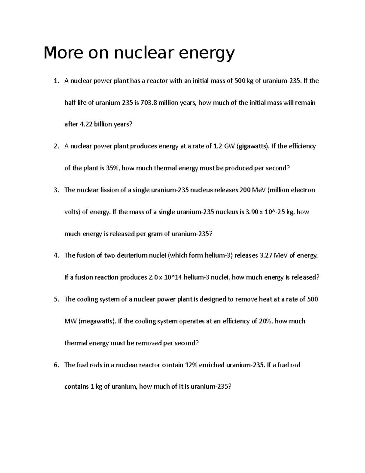 More on nuclear energy - self made worksheet for basic thermodynamics ...