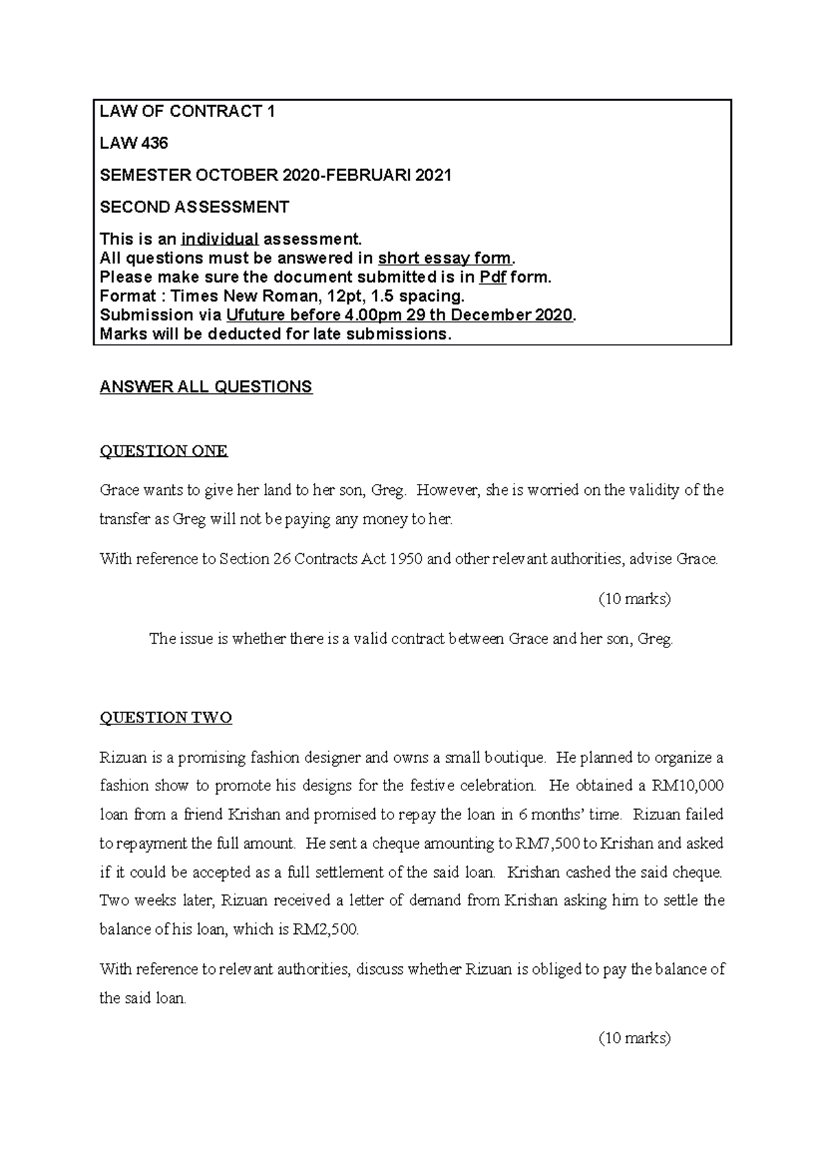 Assessment 2 contractt - LAW OF CONTRACT 1 LAW 436 SEMESTER OCTOBER ...