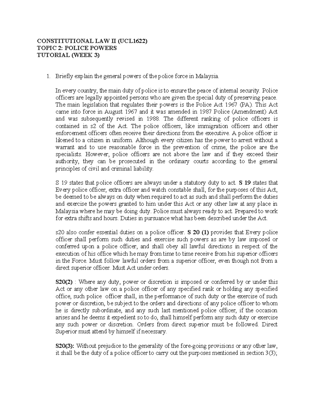 Week 3 Police Powers - CONSTITUTIONAL LAW II (UCL1622) TOPIC 2: POLICE ...