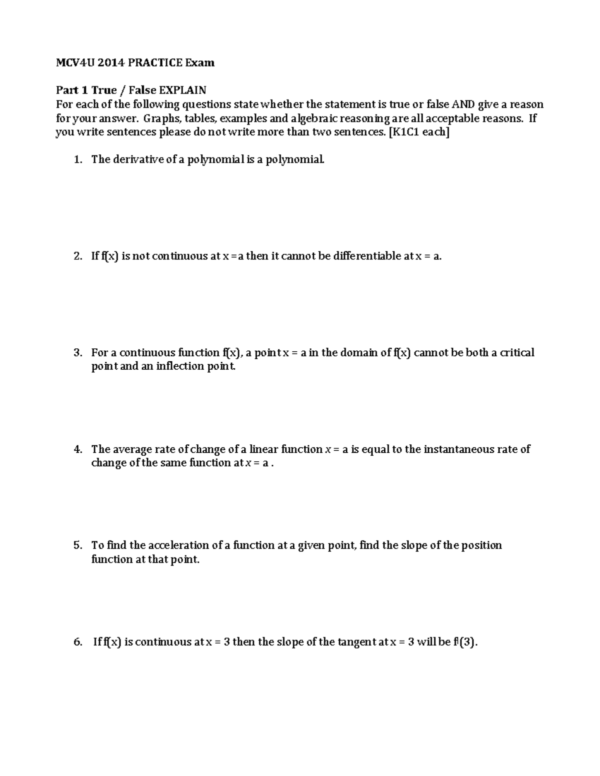 Calculus Practice Exam - MCV4U 2014 PRACTICE Exam Part 1 True / False ...