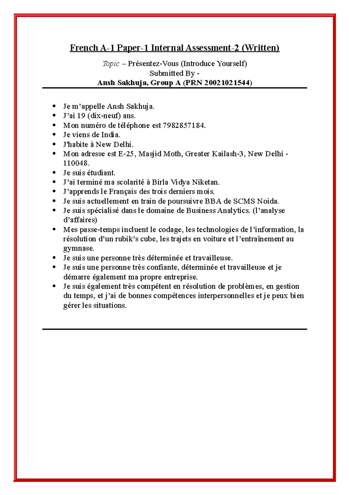 French Internal-2 - French A-1 Paper-1 Internal Assessment-2 (Written ...