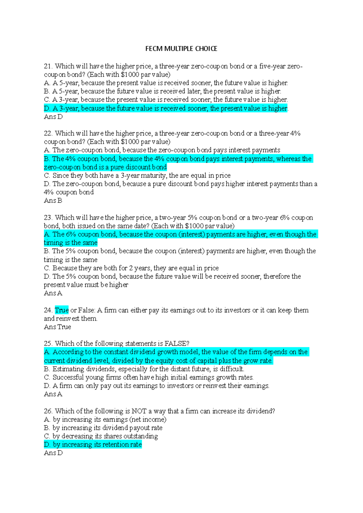 FECM Multiple Choice 3 - FECM MULTIPLE CHOICE Which will have the ...