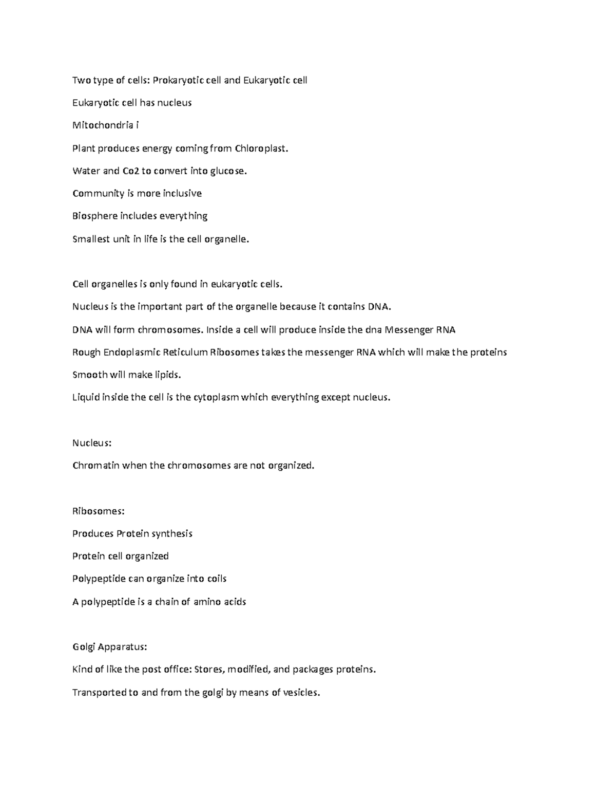 Bio 189 cell organelle - Biology Module 1 notes - Two type of cells ...