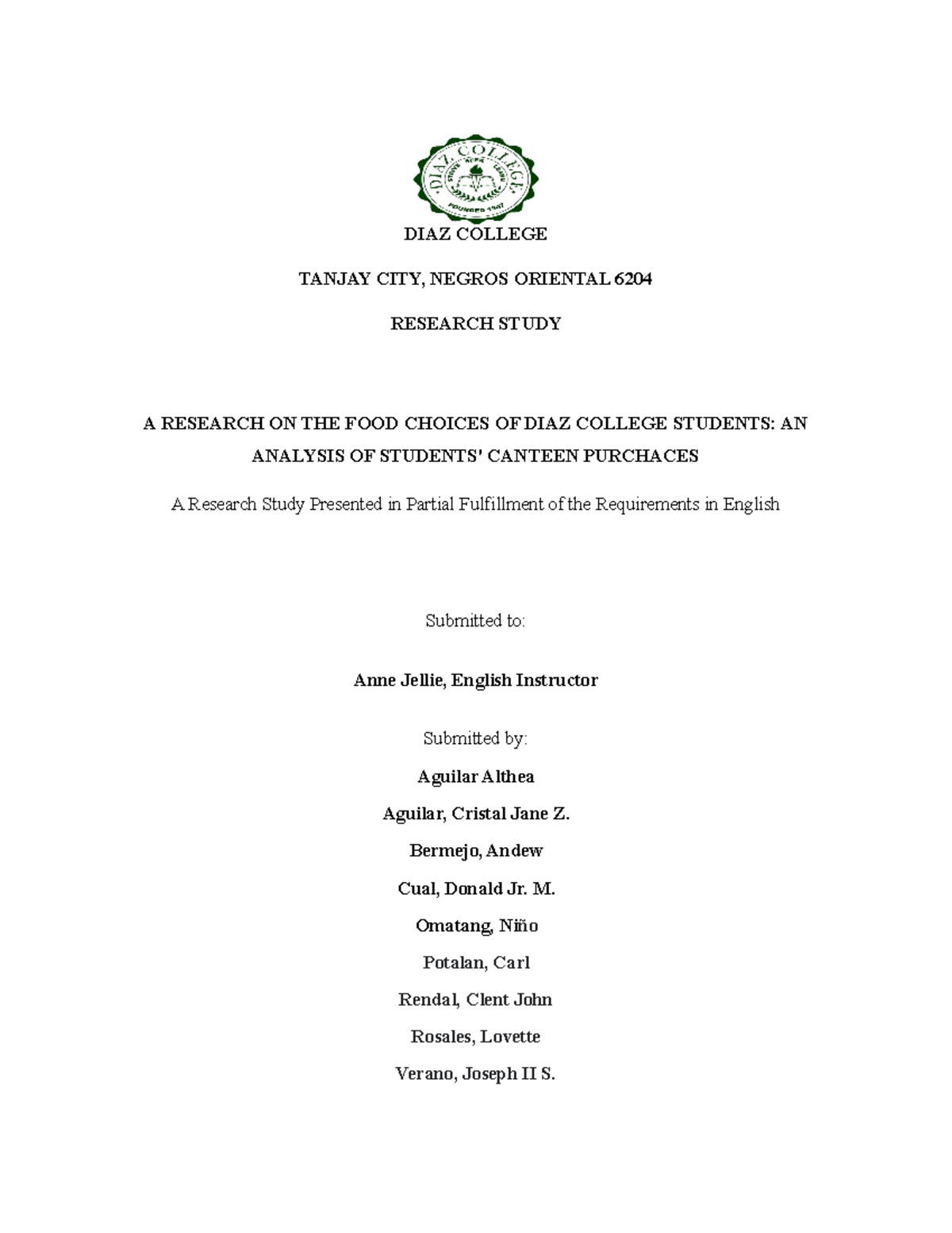 English-Research - Research examples - DIAZ COLLEGE TANJAY CITY, NEGROS ...