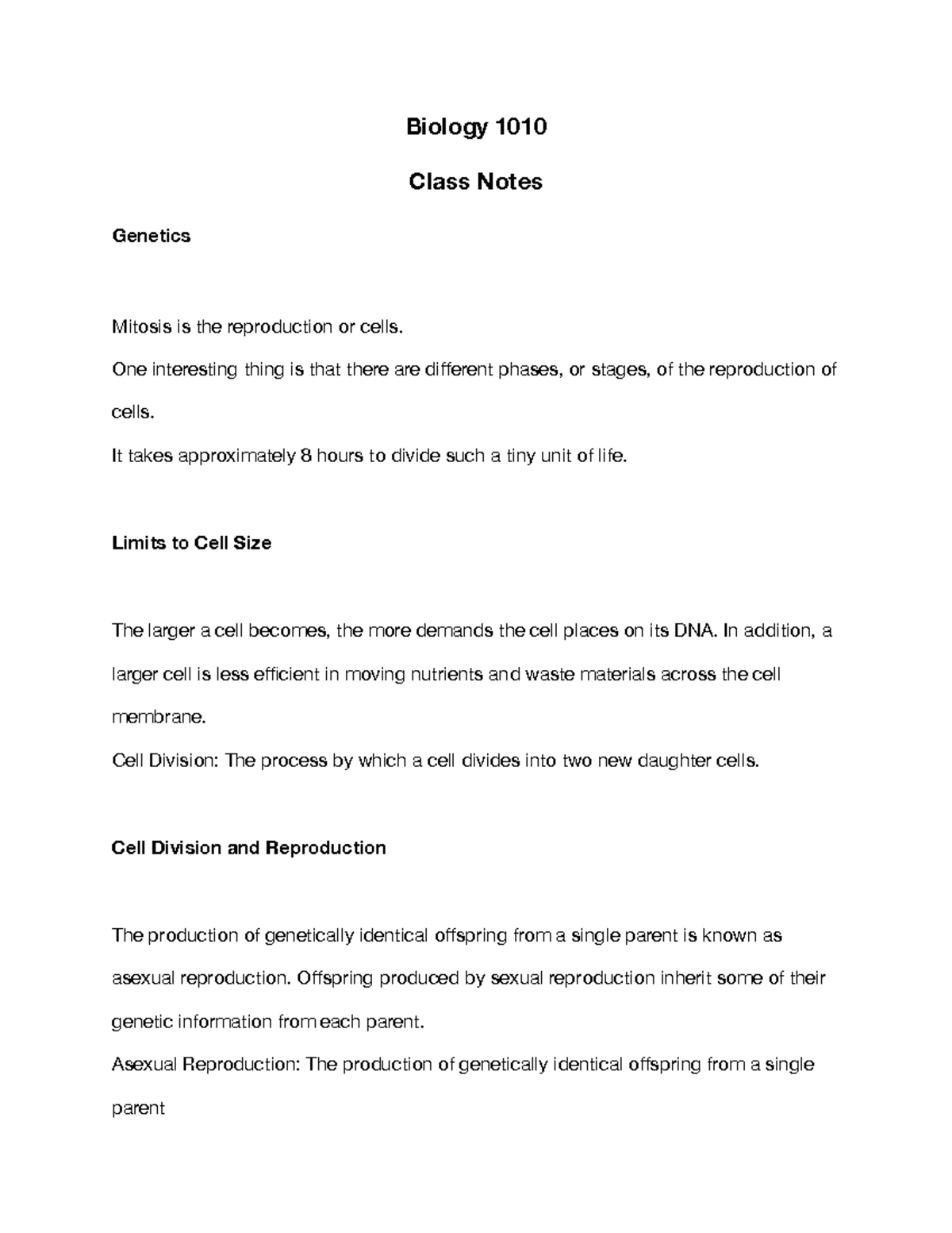 Biology 1010 Class Notes - Biology 1010 Class Notes Genetics Mitosis is ...