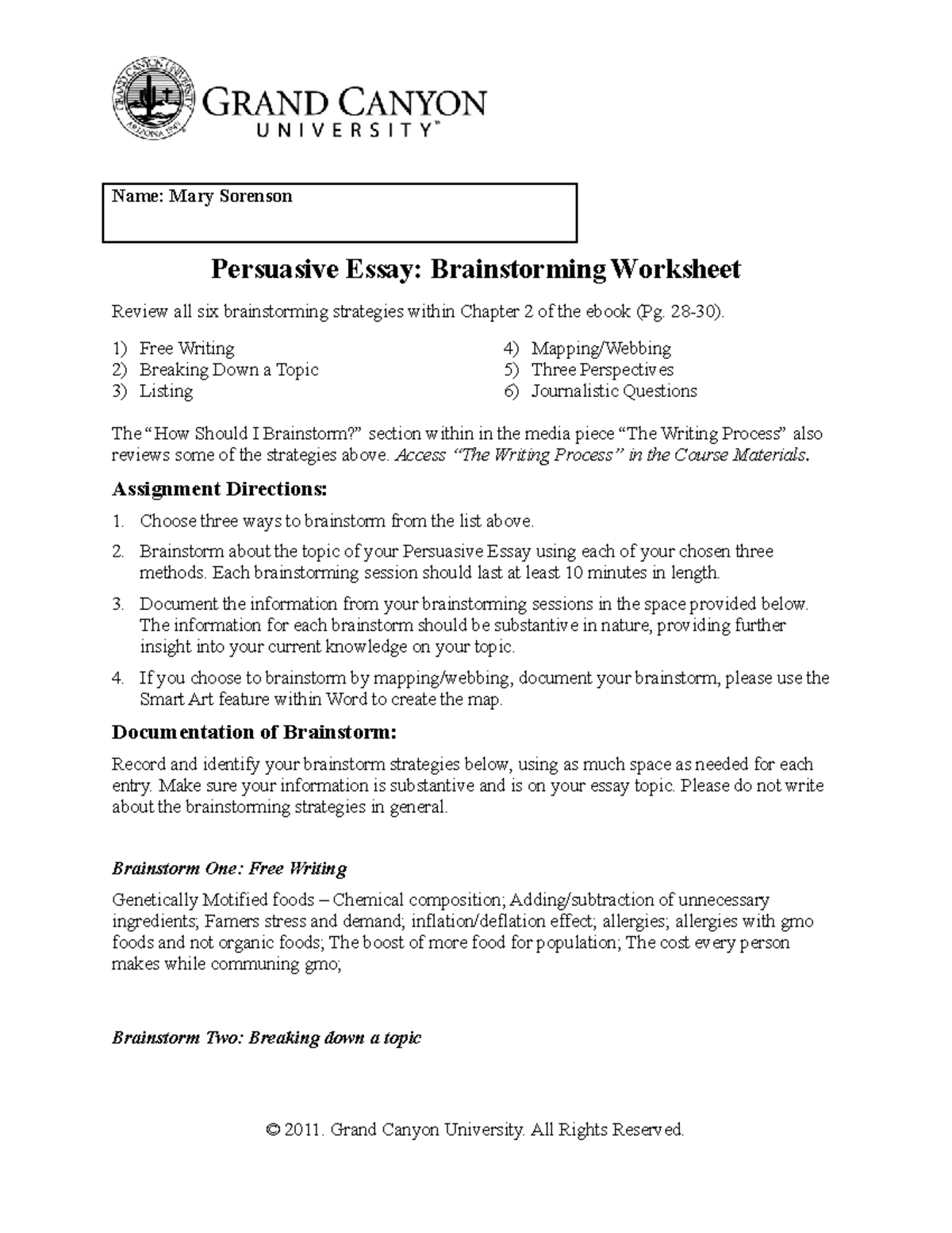 PHI105 T2 Msore - Name: Mary Sorenson Persuasive Essay: Brainstorming ...