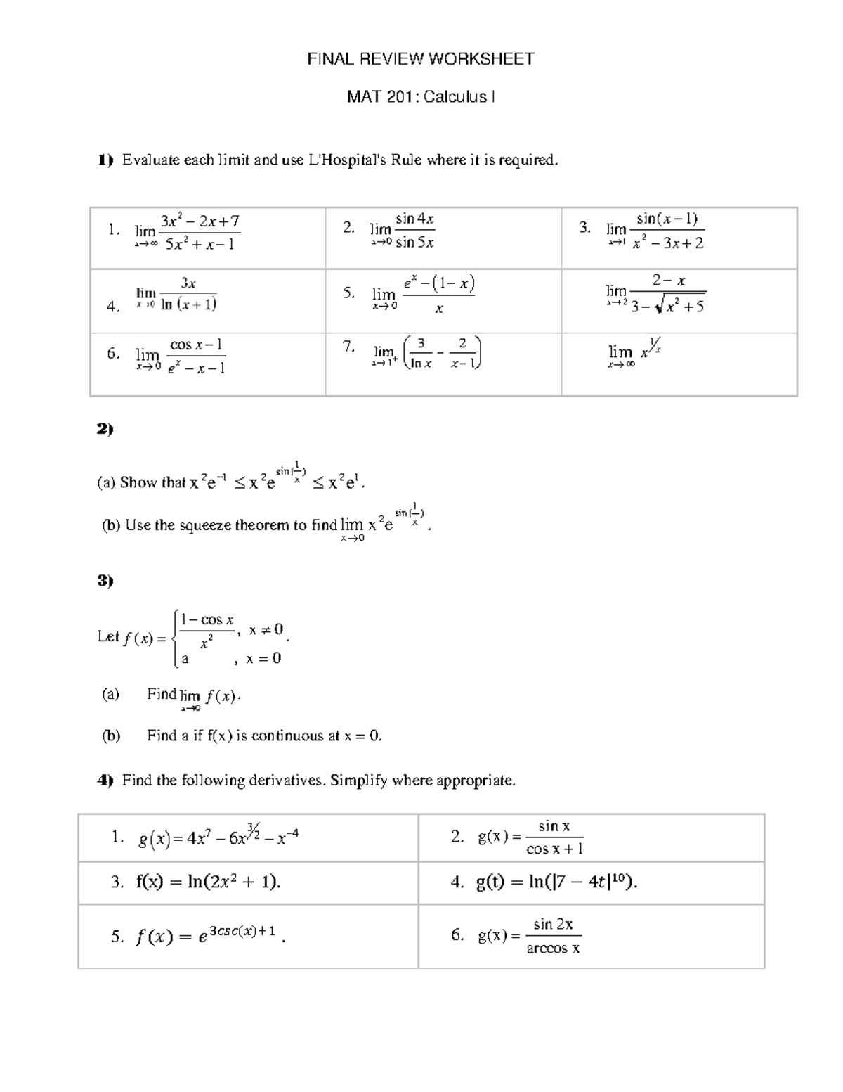 Calculus I Review Final - FINAL REVIEW WORKSHEET MAT 201: Calculus I ...