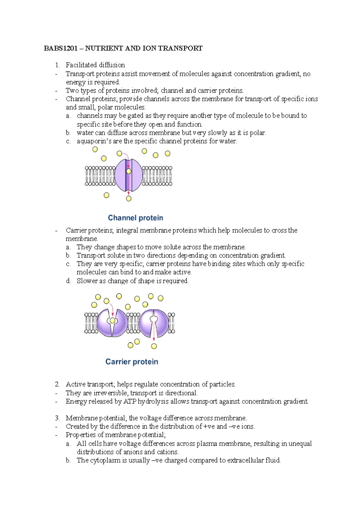 Nutrient and ion transport - BABS1201 – NUTRIENT AND ION TRANSPORT ...