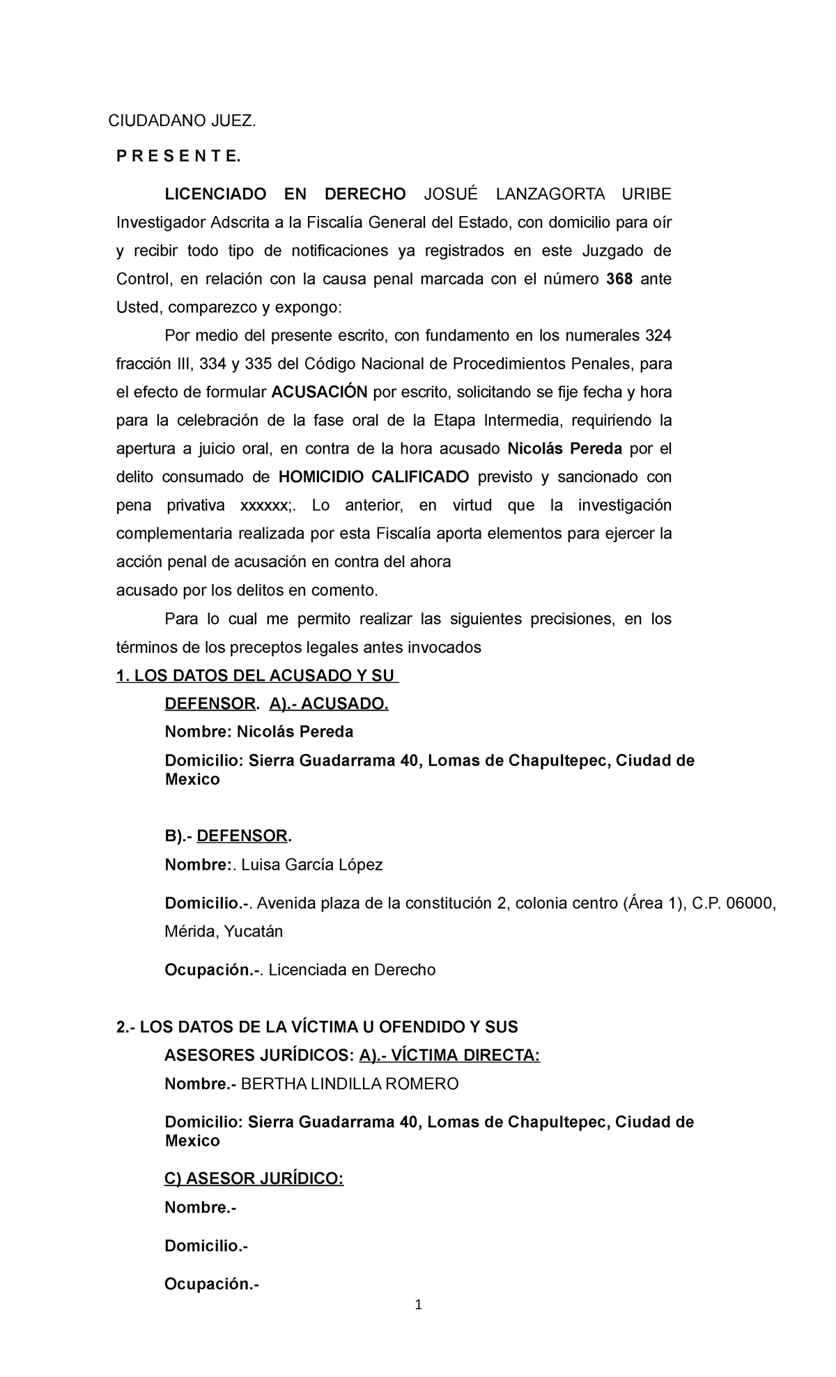 Ejemplo escrito de acusación - CIUDADANO JUEZ. P R E S E N T E ...