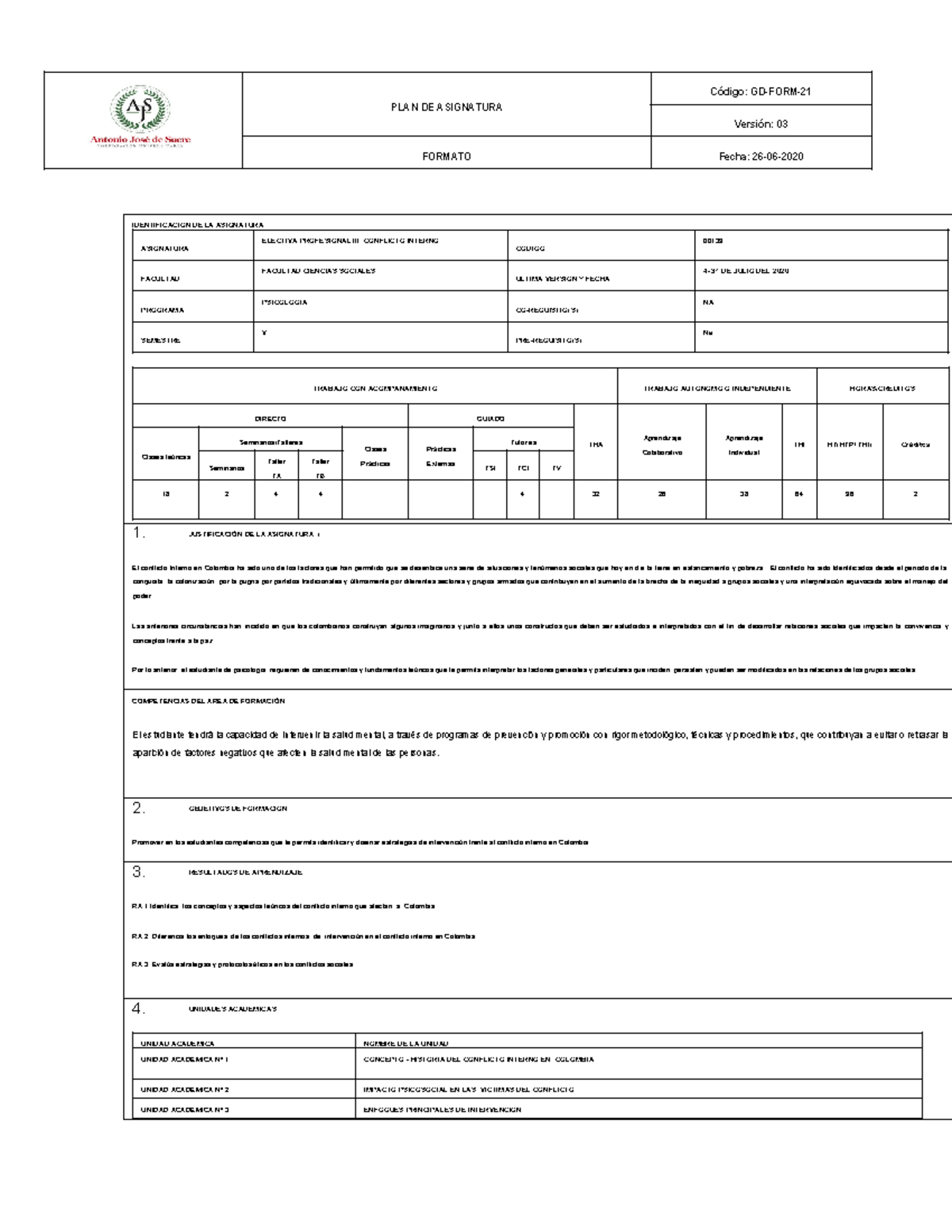 Electiva profesional I - PLAN DE ASIGNATURA Versión: 03 FORMATO Fecha ...
