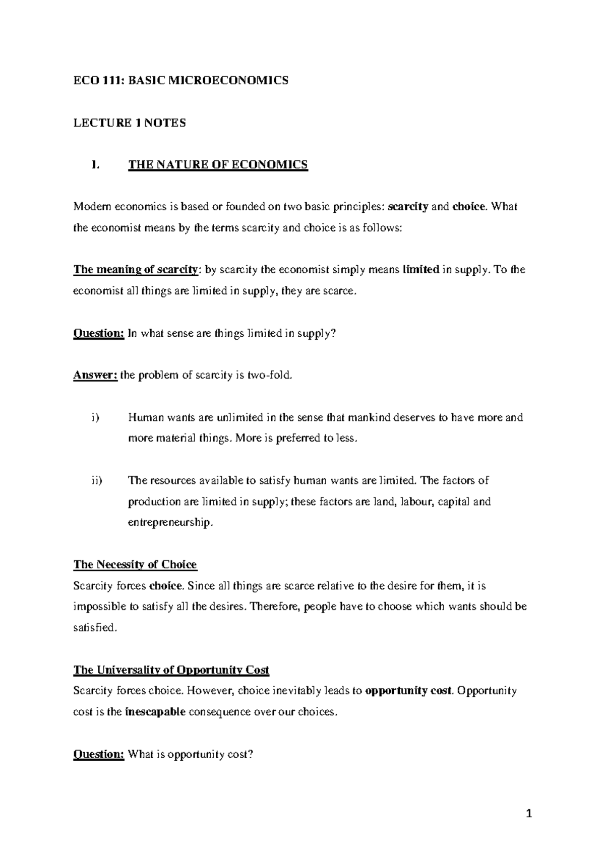 ECO 111 Lecture 1 Notes - ECO 111: BASIC MICROECONOMICS LECTURE 1 NOTES ...