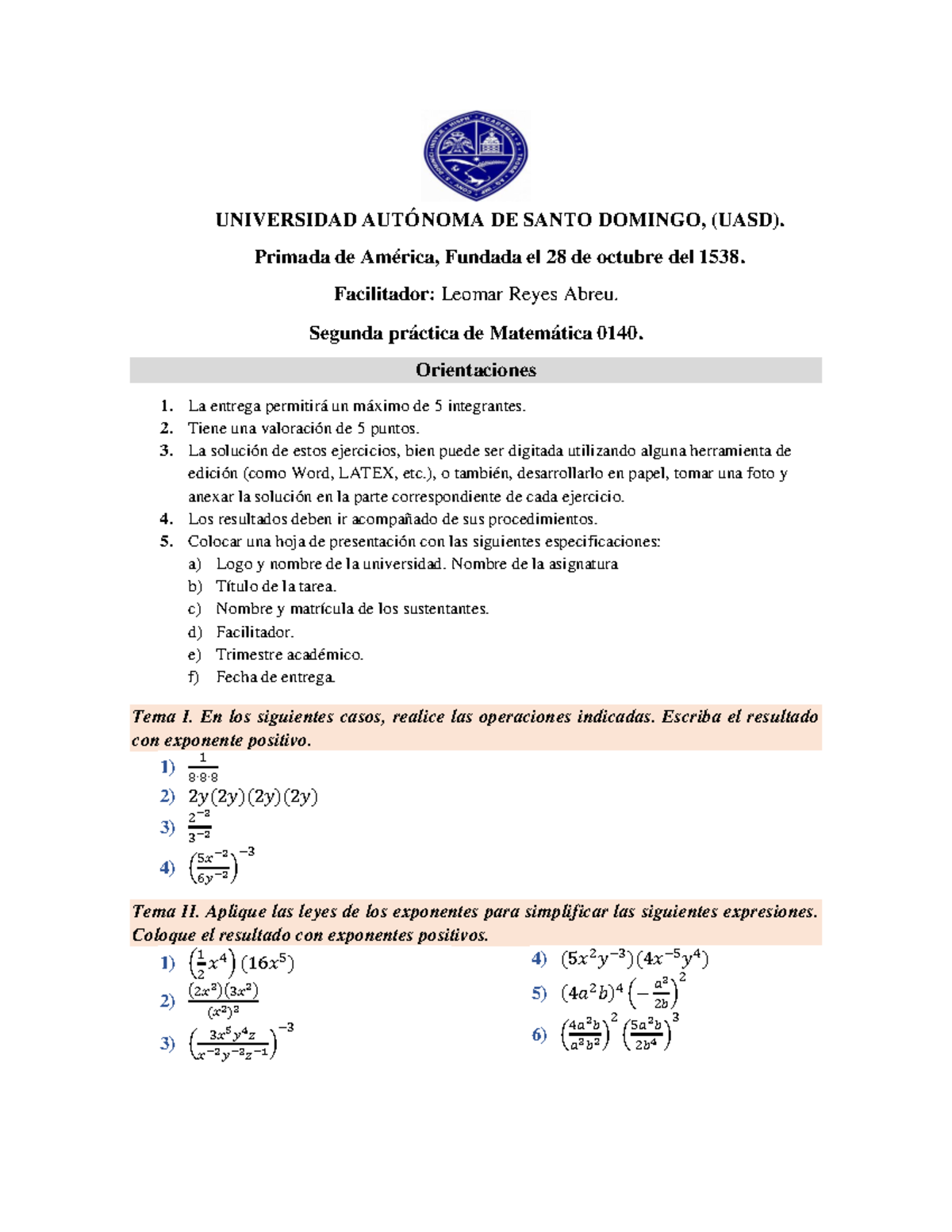2da Segunda practica de Matematica 0140. UASD - UNIVERSIDAD AUTÓNOMA DE ...