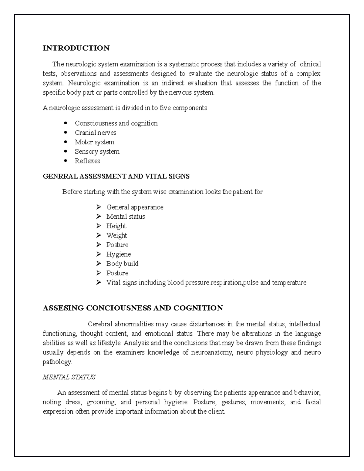 Neurological Assessment: overview - INTRODUCTION The neurologic system ...