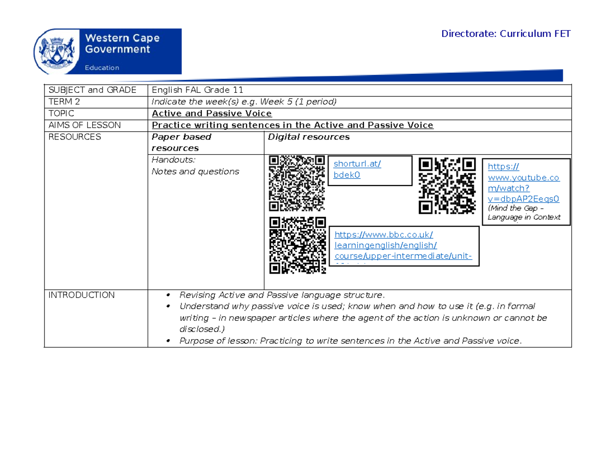 Week 5 FET Lesson Framework 2020 FAL Gr 11 Active and Passive - SUBJECT ...