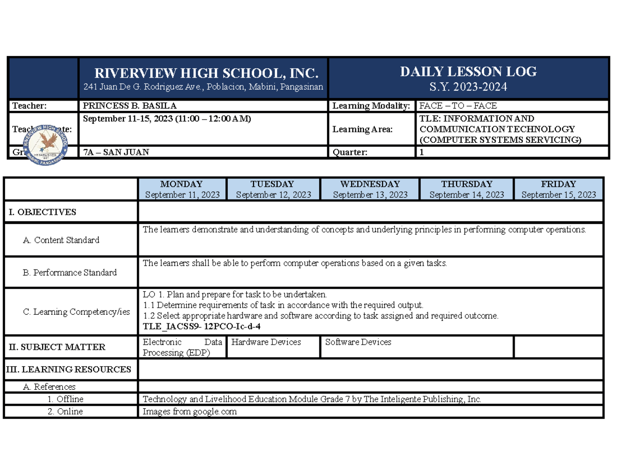 TLE 7 - Week 2 - Q1 - TLE 7 DLL - RIVERVIEW HIGH SCHOOL, INC. 241 Juan ...