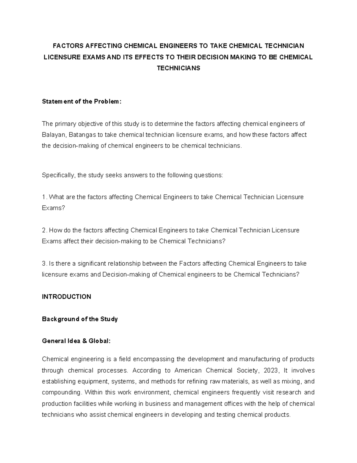 3Is Chapter 1 - Experimental - FACTORS AFFECTING CHEMICAL ENGINEERS TO ...