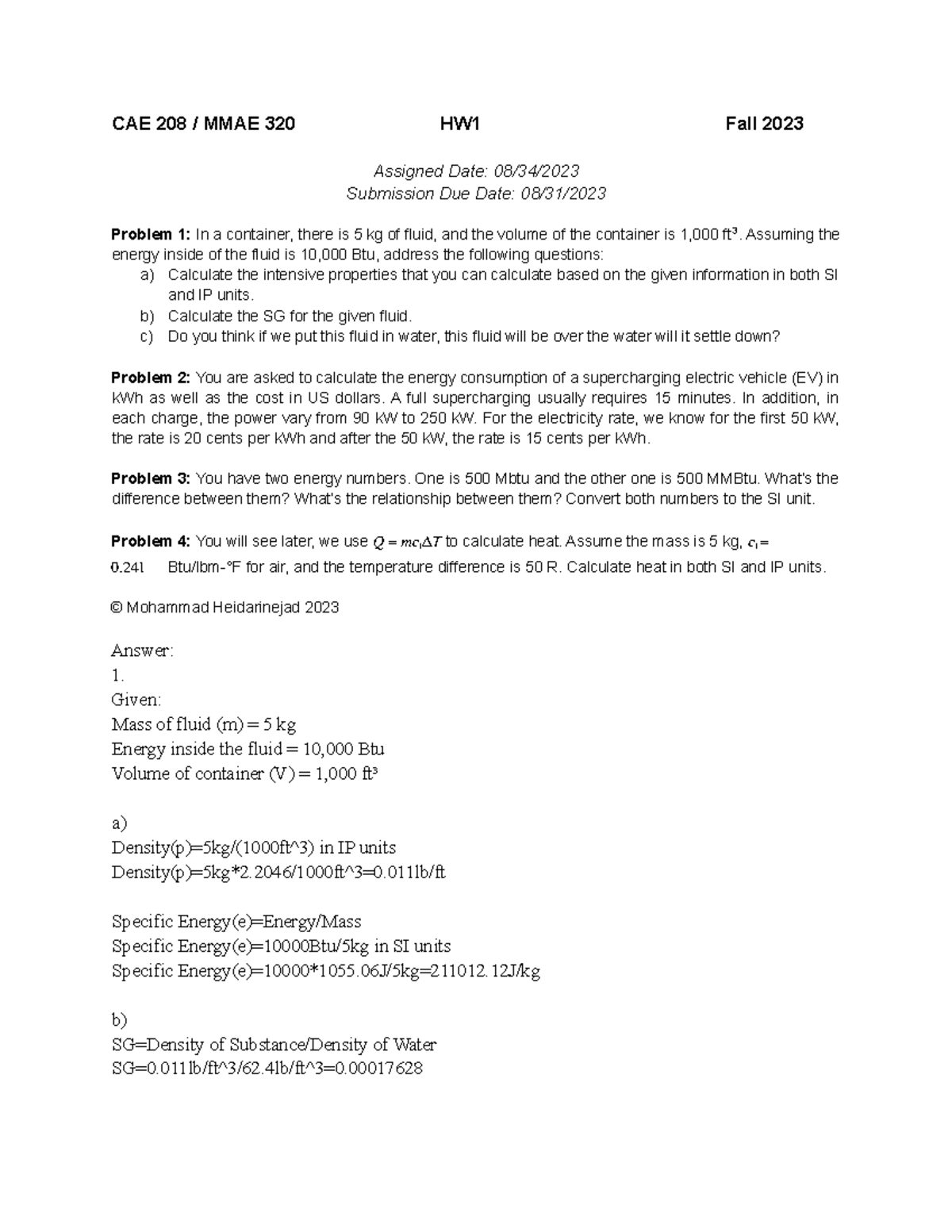 Hw 1 Homework 1 Cae 208 Mmae 320 Hw1 Fall 2023 Assigned Date 08 34 Submission Due Date