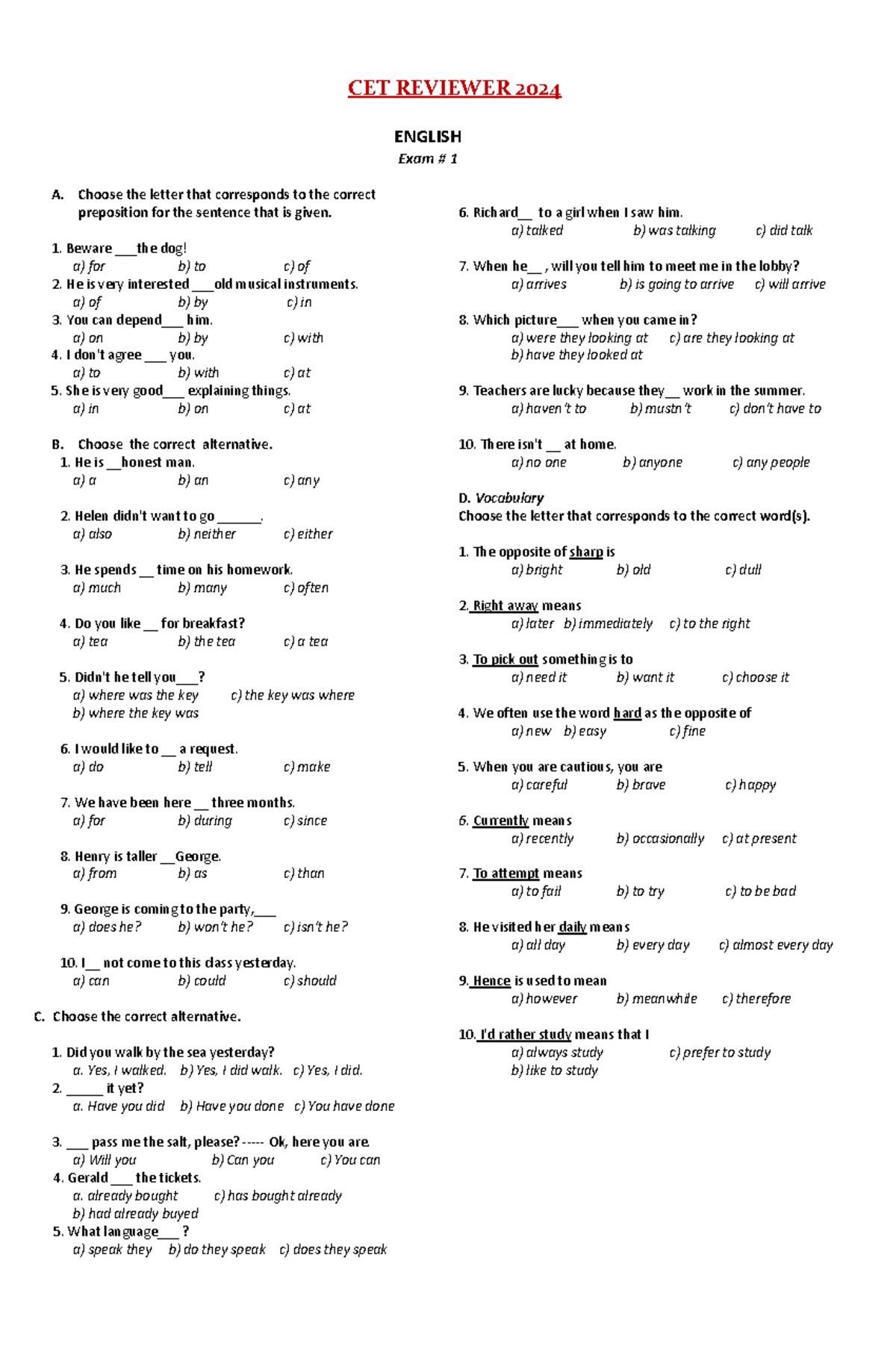 English- Reviewer - CET REVIEWER 2024 ENGLISH Exam # 1 A. Choose the ...