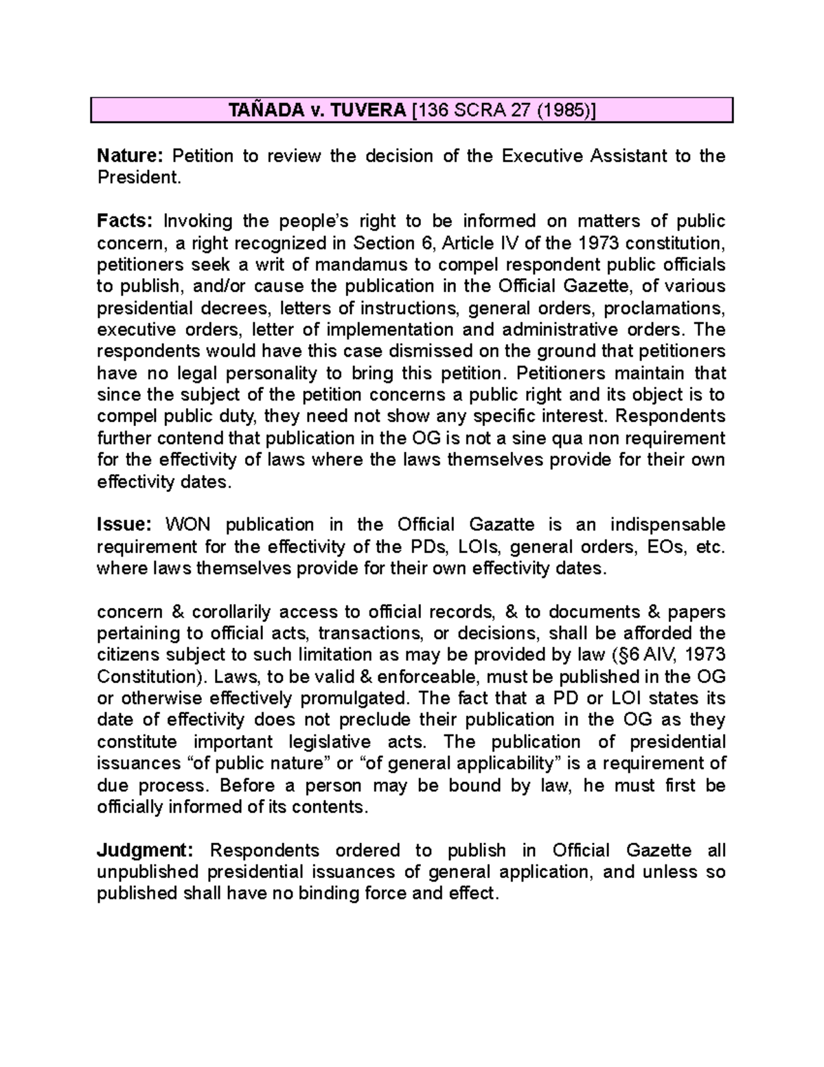 Tañada v. Tuvera - Compilation of case digests - TAÑADA v. TUVERA [136 ...