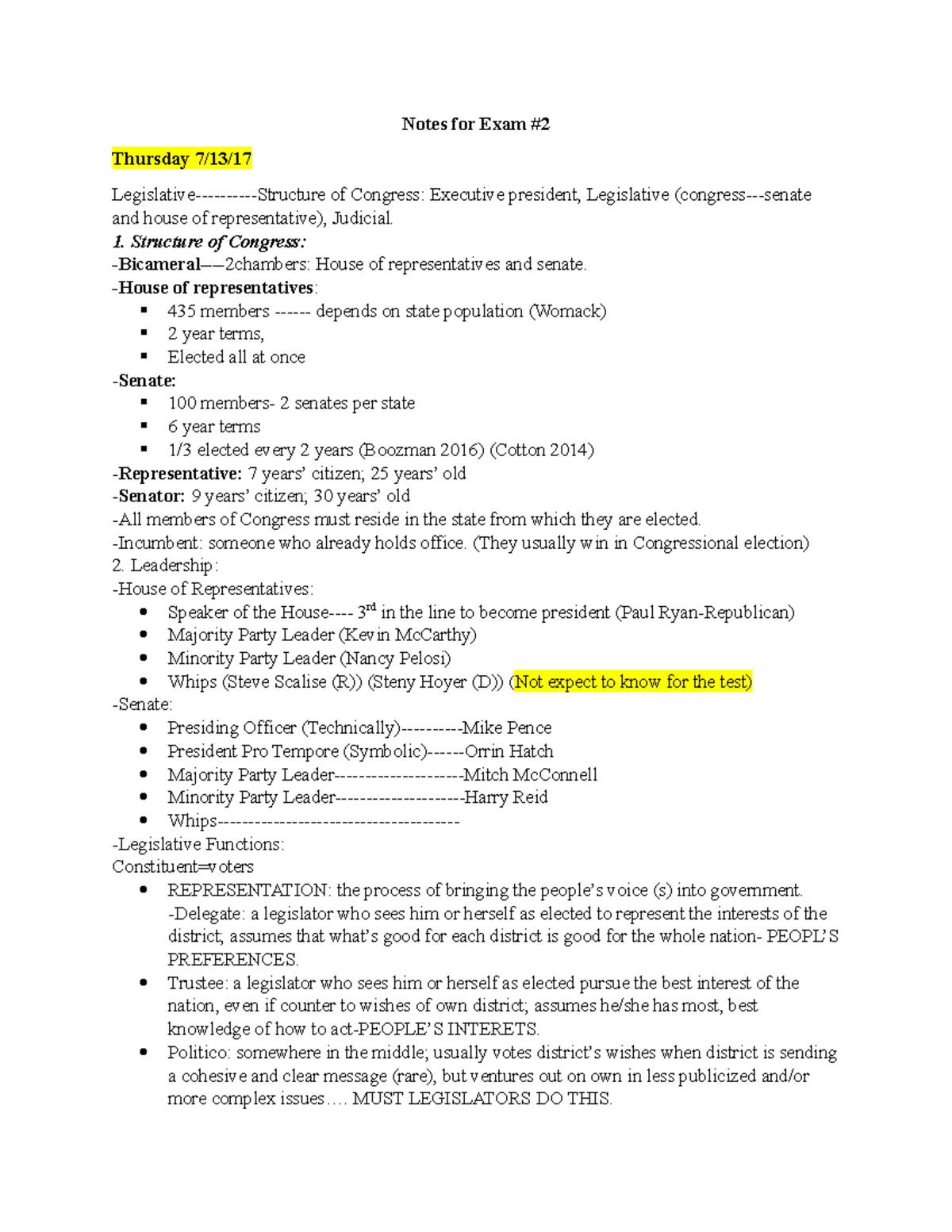 Notes for Exam 2 - 1. Structure of Congress: House of representatives ...