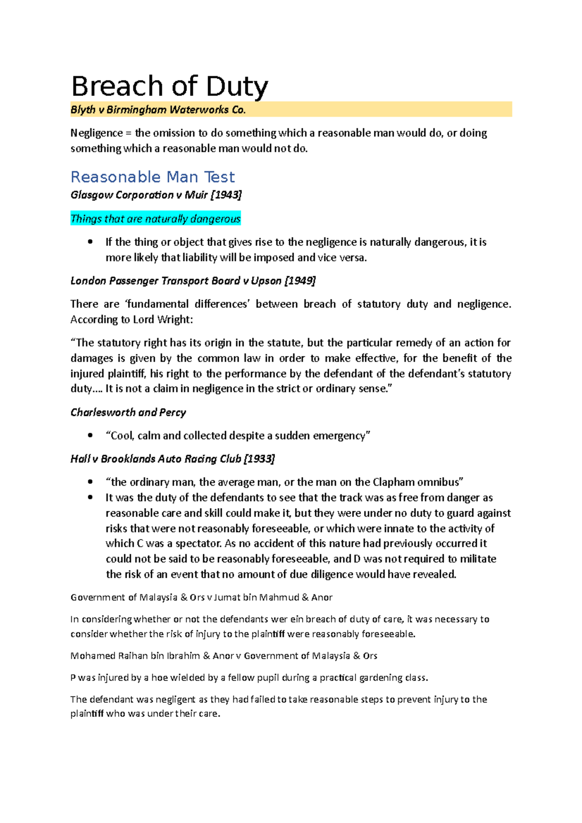 Tort II Topic 4: Negligence - Breach of Duty - Breach of Duty Blyth v ...