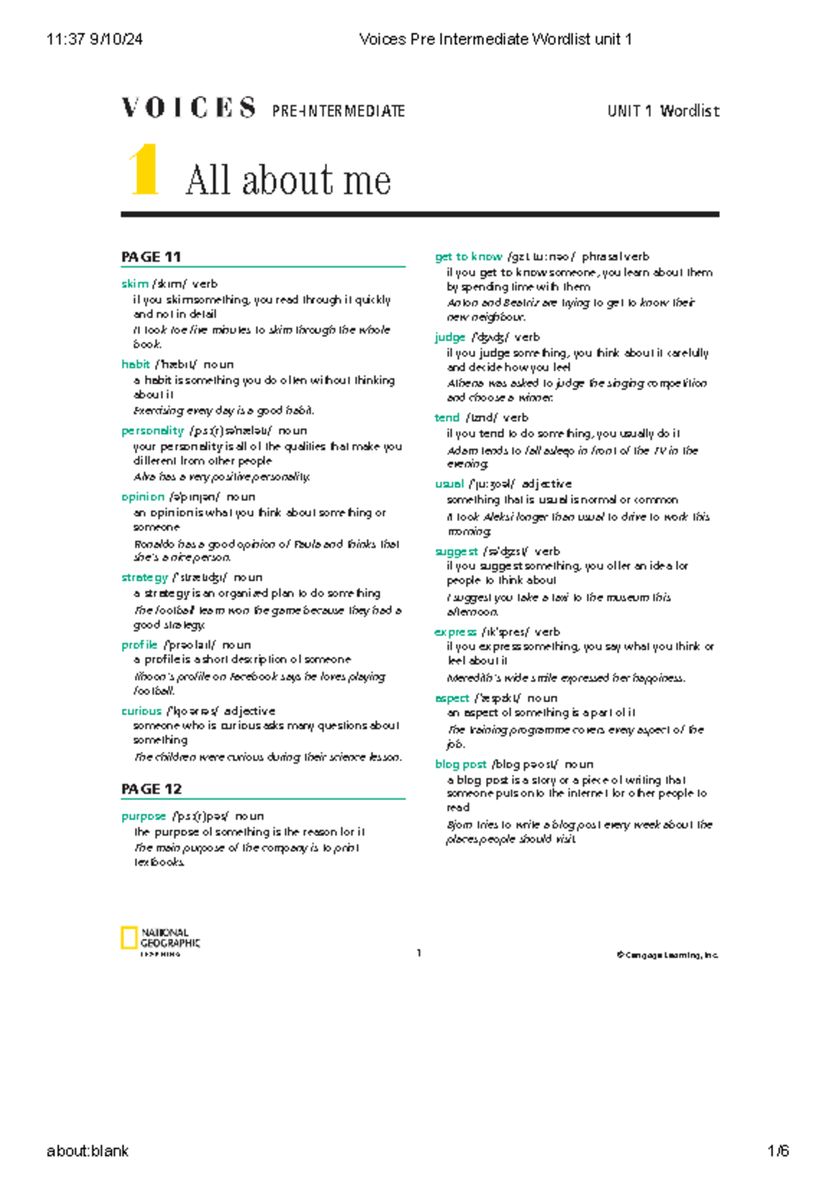 Voices Pre Intermediate Wordlist unit 1 - L E A R N I N G 1 © Cengαge Leαrning, Inc. - Studocu