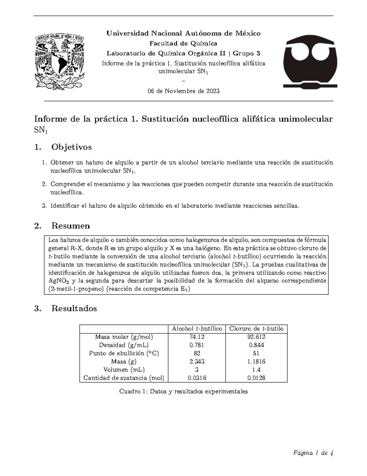 Informe de la práctica 1 Sustitución nucleofílica alifática ...