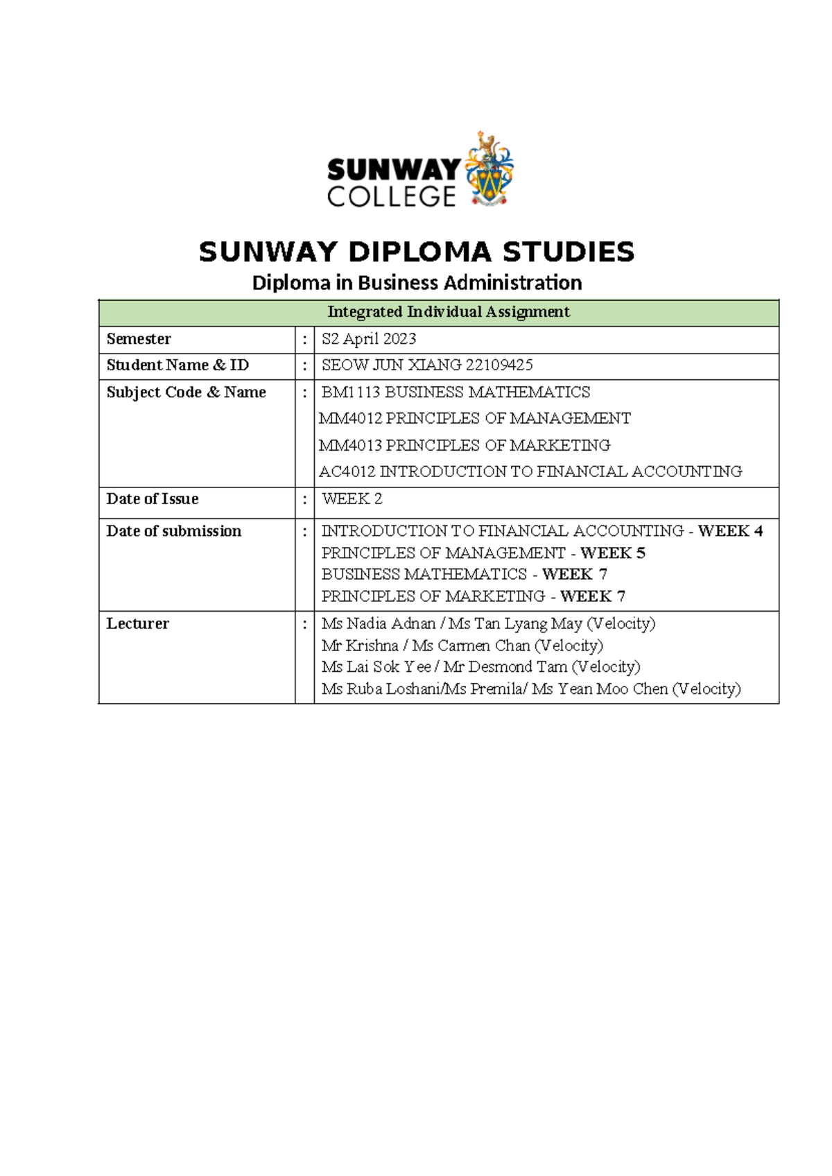 Individual Assignment ITFA - SUNWAY DIPLOMA STUDIES Diploma in Business ...