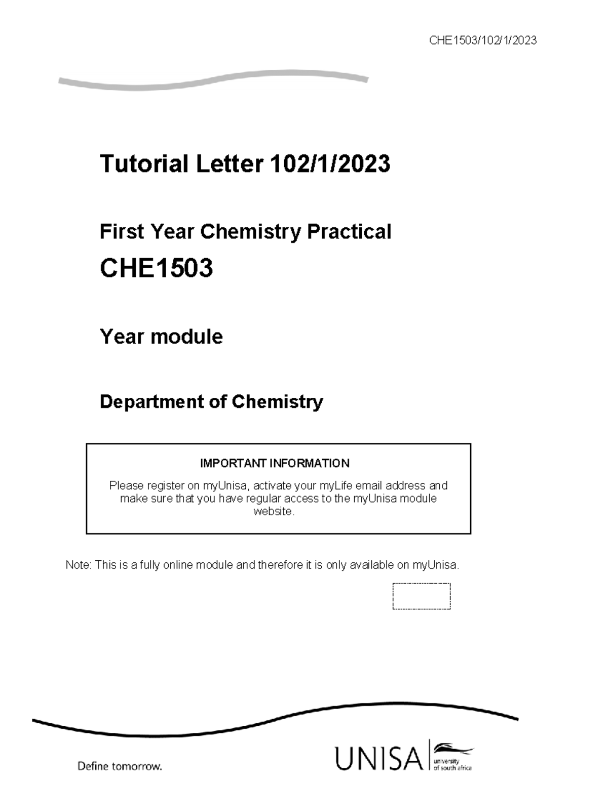 CHE1503 TL102 2023 Ass1 - Tutorial Letter 102/1/ First Year Chemistry Practical CHE Year module ...