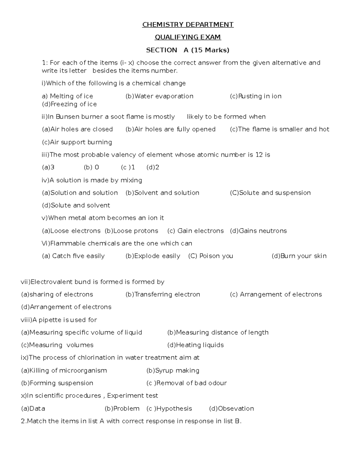 Chemistry - CHEMISTRY DEPARTMENT QUALIFYING EXAM SECTION A (15 Marks) 1 ...