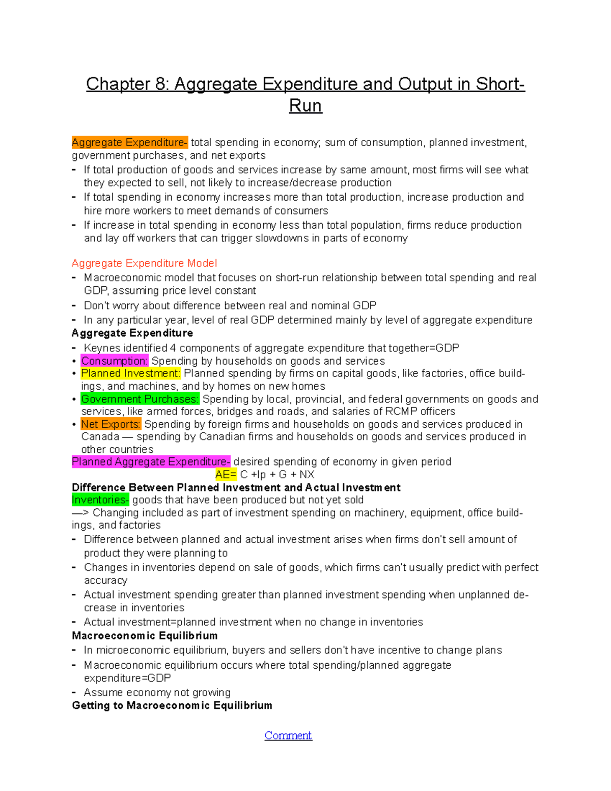 Chapter 8- Aggregate Expenditure and Output in Short-Run - Chapter 8: Aggregate Expenditure and ...