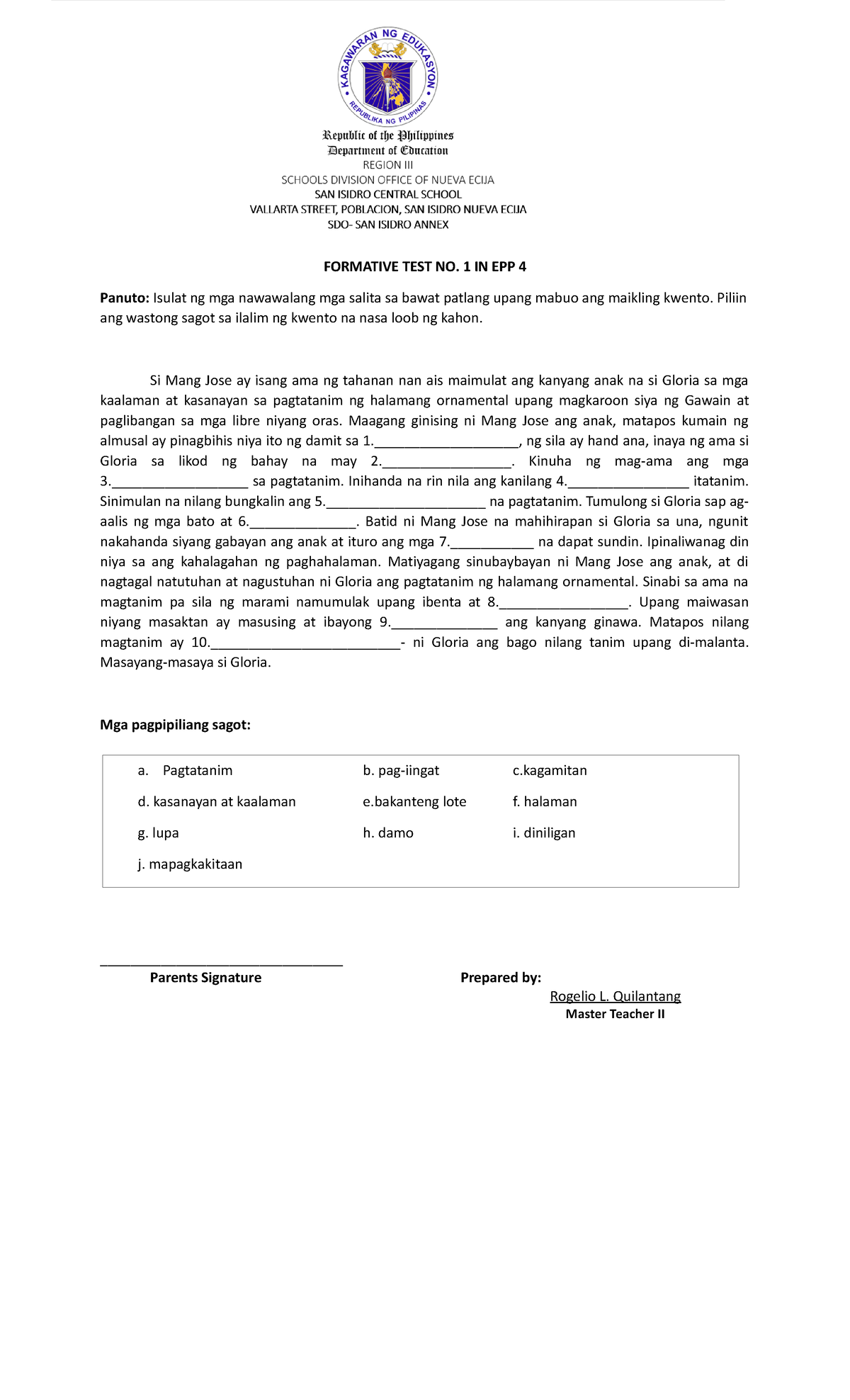 Formative TEST - sksks - FORMATIVE TEST NO. 1 IN EPP 4 Panuto: Isulat ...