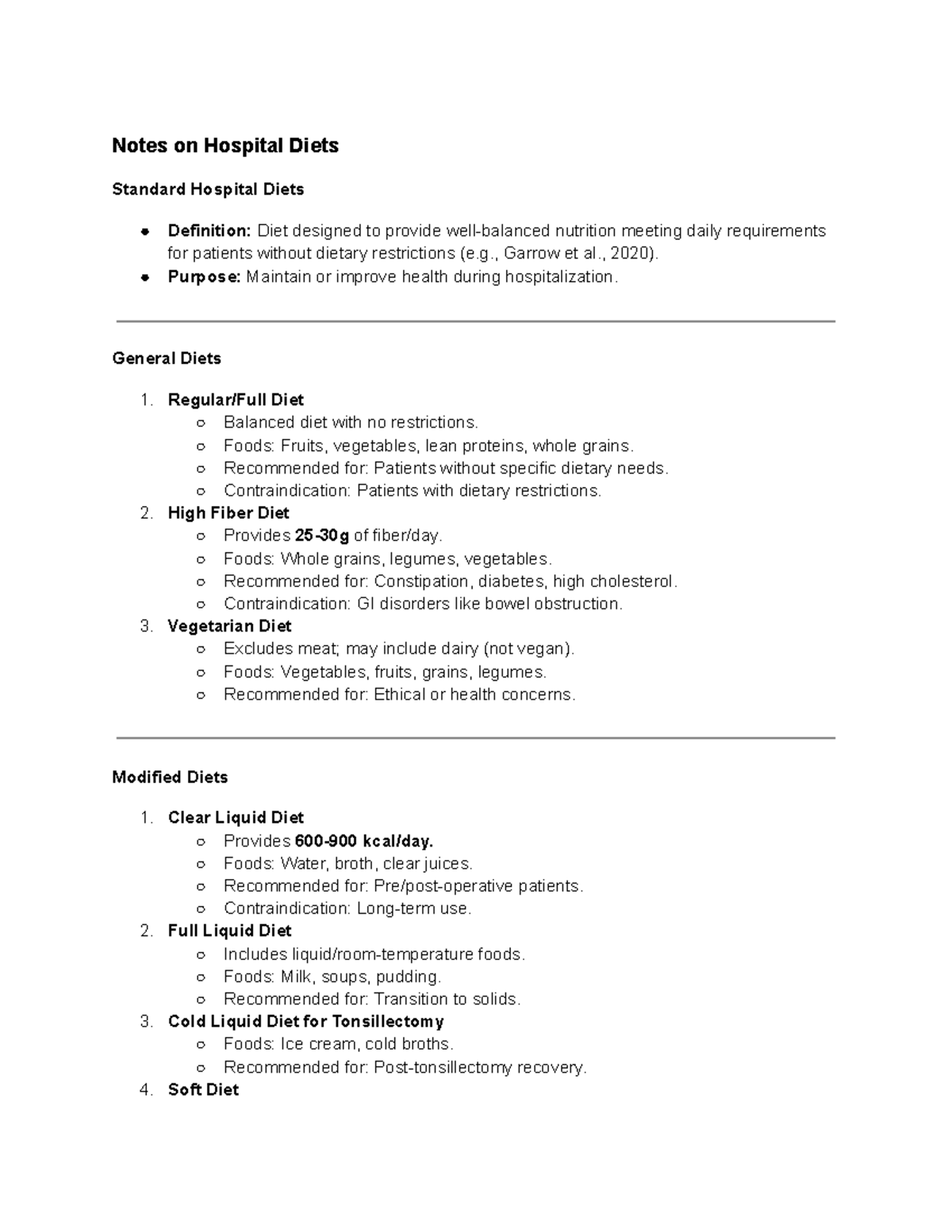 Notes on Hospital Diets - Notes on Hospital Diets Standard Hospital ...
