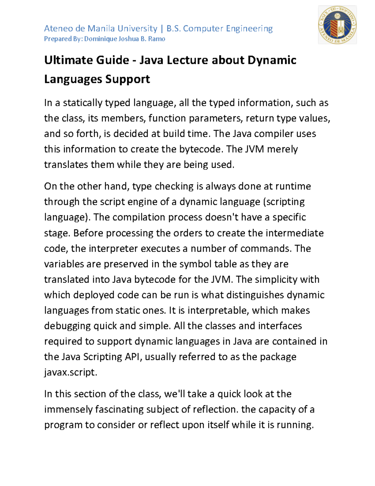 Study Guide - Java Lecture about Dynamic Languages Support - Prepared By: Dominique Joshua B ...