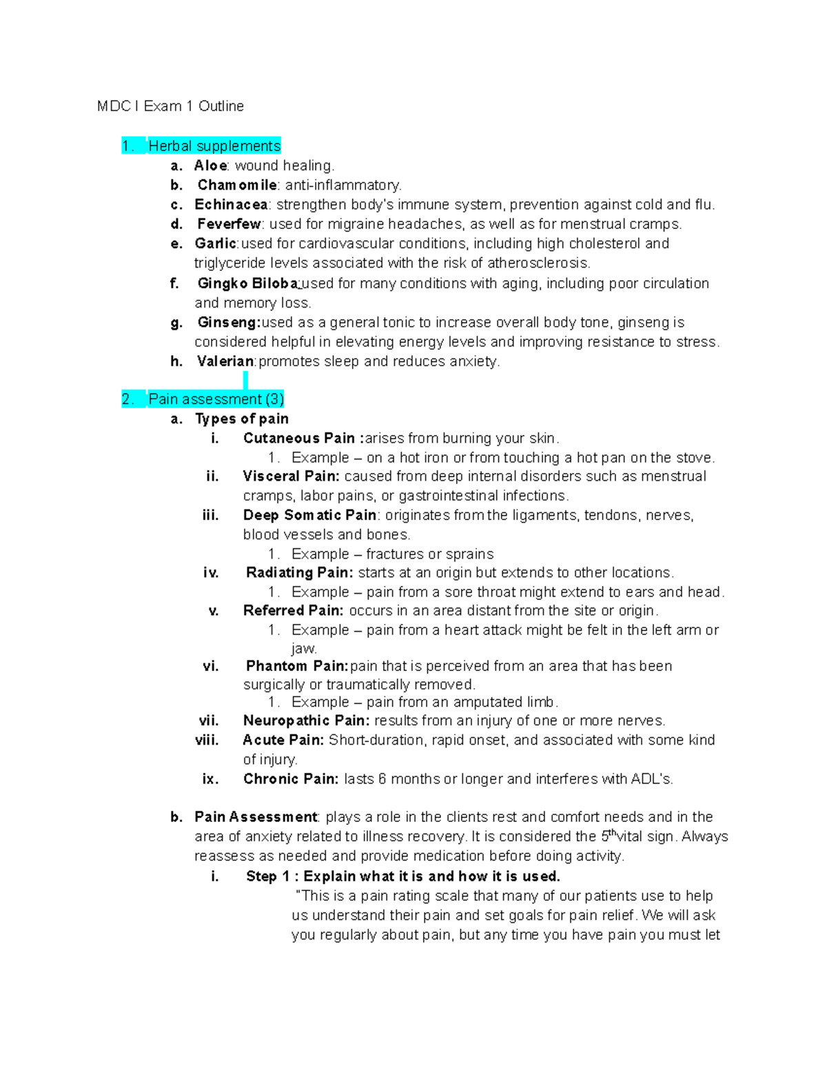 MDC 1 Exam 1 Study Guide - MDC I Exam 1 Outline Herbal supplements a ...