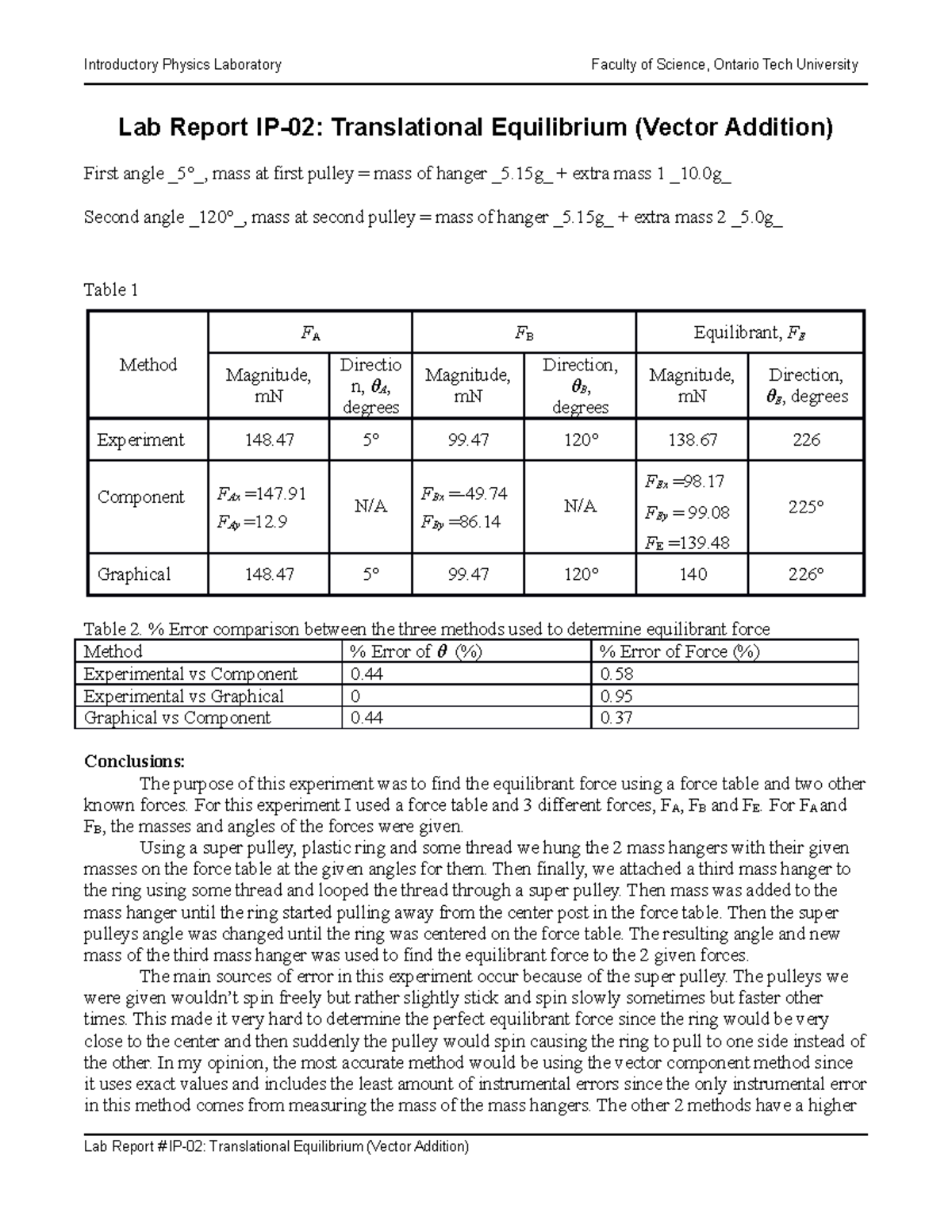 Lab 2 Equilibrium Report - Introductory Physics Laboratory Faculty of ...