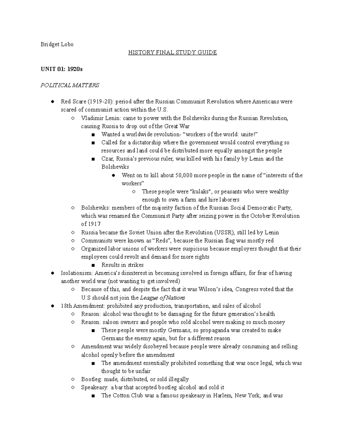 History final - Bridget Lobo HISTORY FINAL STUDY GUIDE UNIT 01: 1920s ...