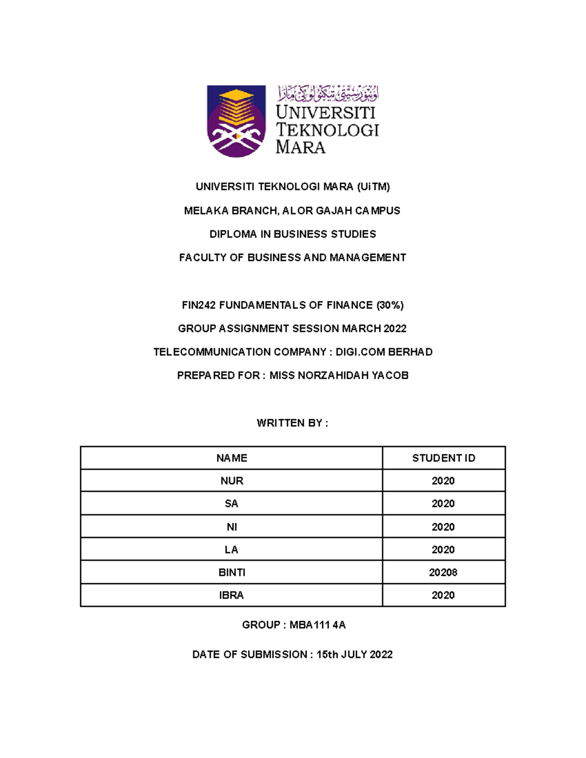 FIN242 Group Report - DIGI TELECOMMUNICATIONS COMPANY - UNIVERSITI ...