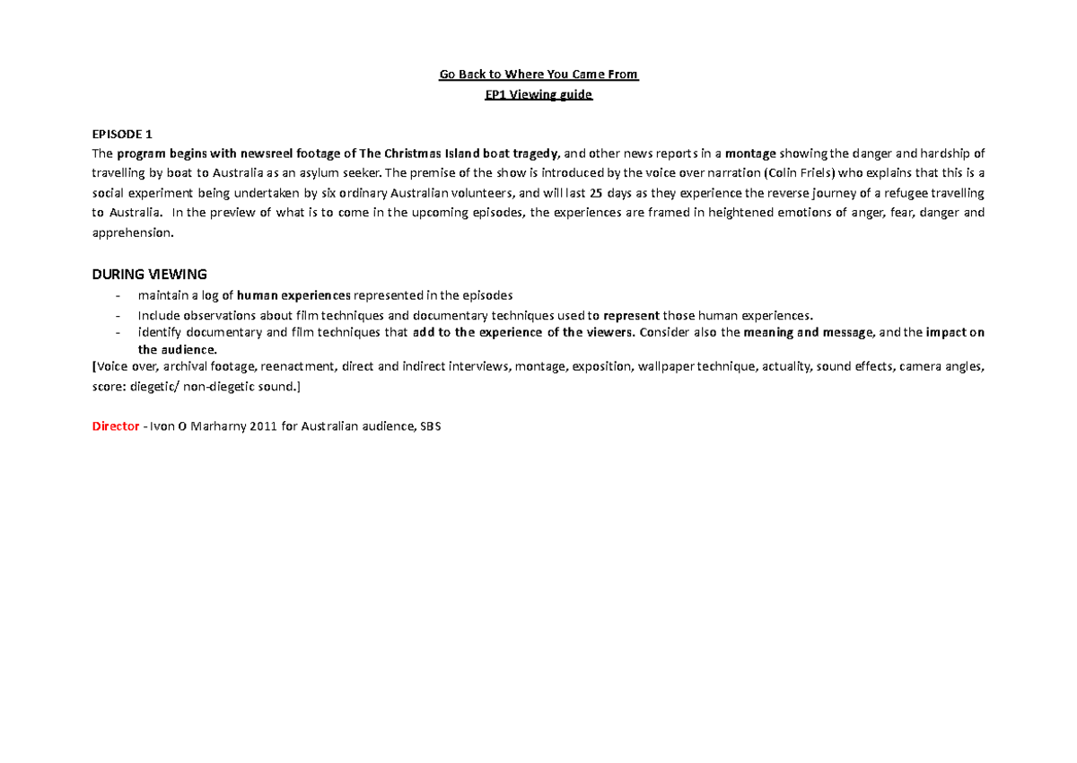 Student Viewing Guide - Go Back to Where You Came From EP1 Viewing ...