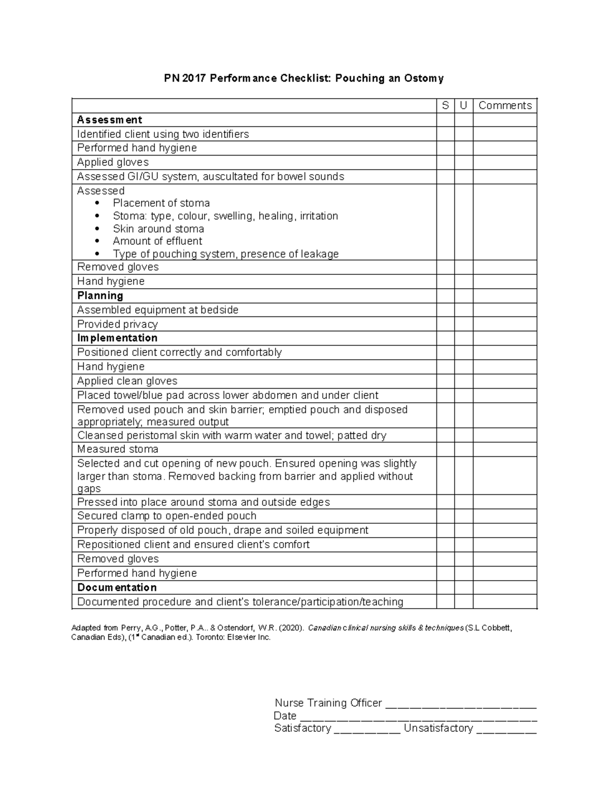Pouching an Ostomy Checklist - PN 2017 Performance Checklist: Pouching ...